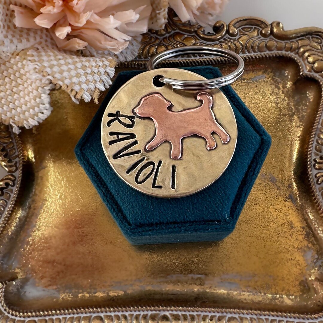 Round Puppy Dog ID Name Tag in Brass or Copper | Dog Silhouette 1.25 ...