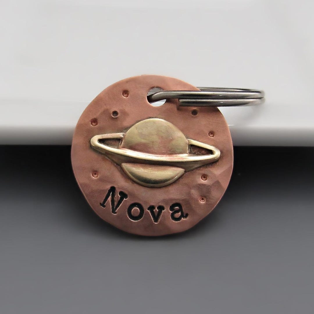 Copper or Brass Saturn Outer Space Pet ID Dog Name Tag | Round Hammered ...