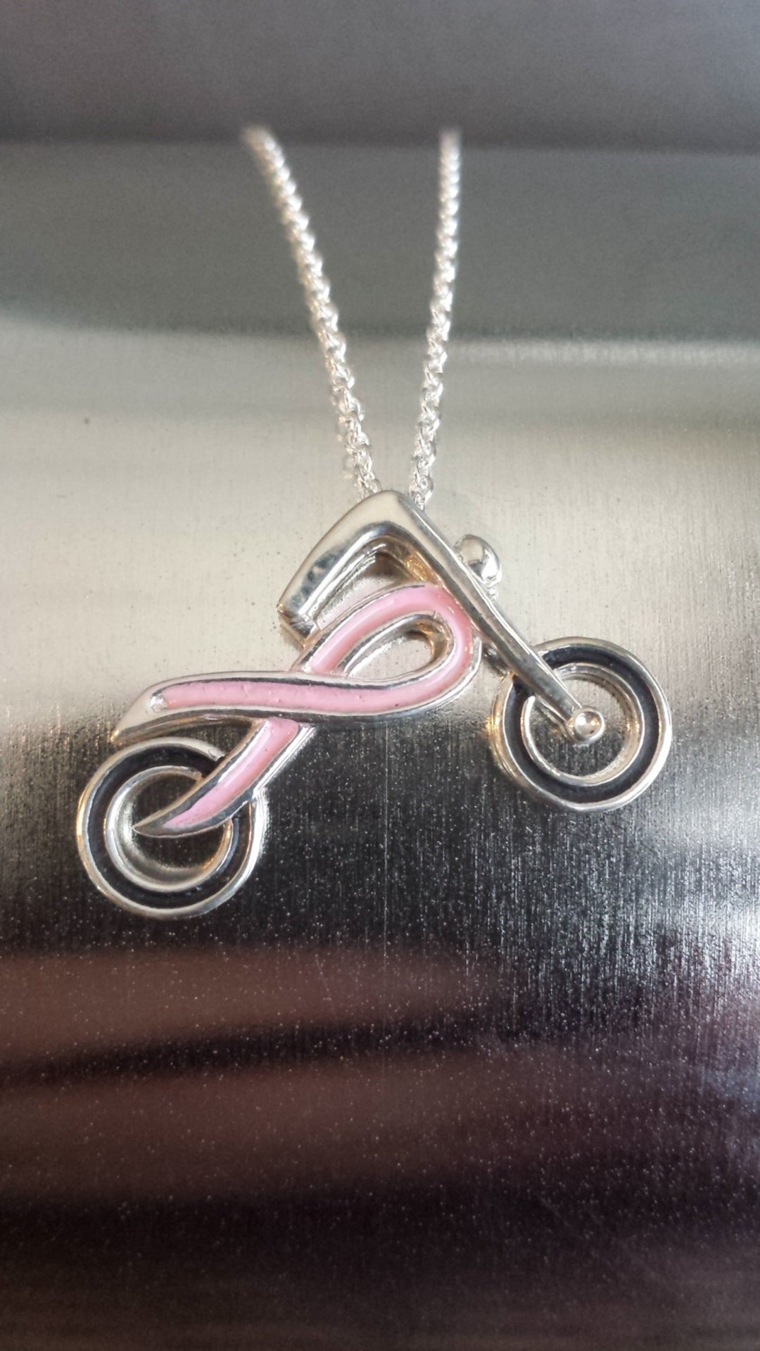 Sterling Silver Breast Cancer Ribbon Motorcycle Pendant With Sterling ...
