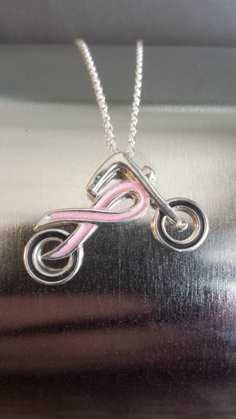 Sterling Silver Breast Cancer Ribbon Motorcycle Pendant With - Etsy