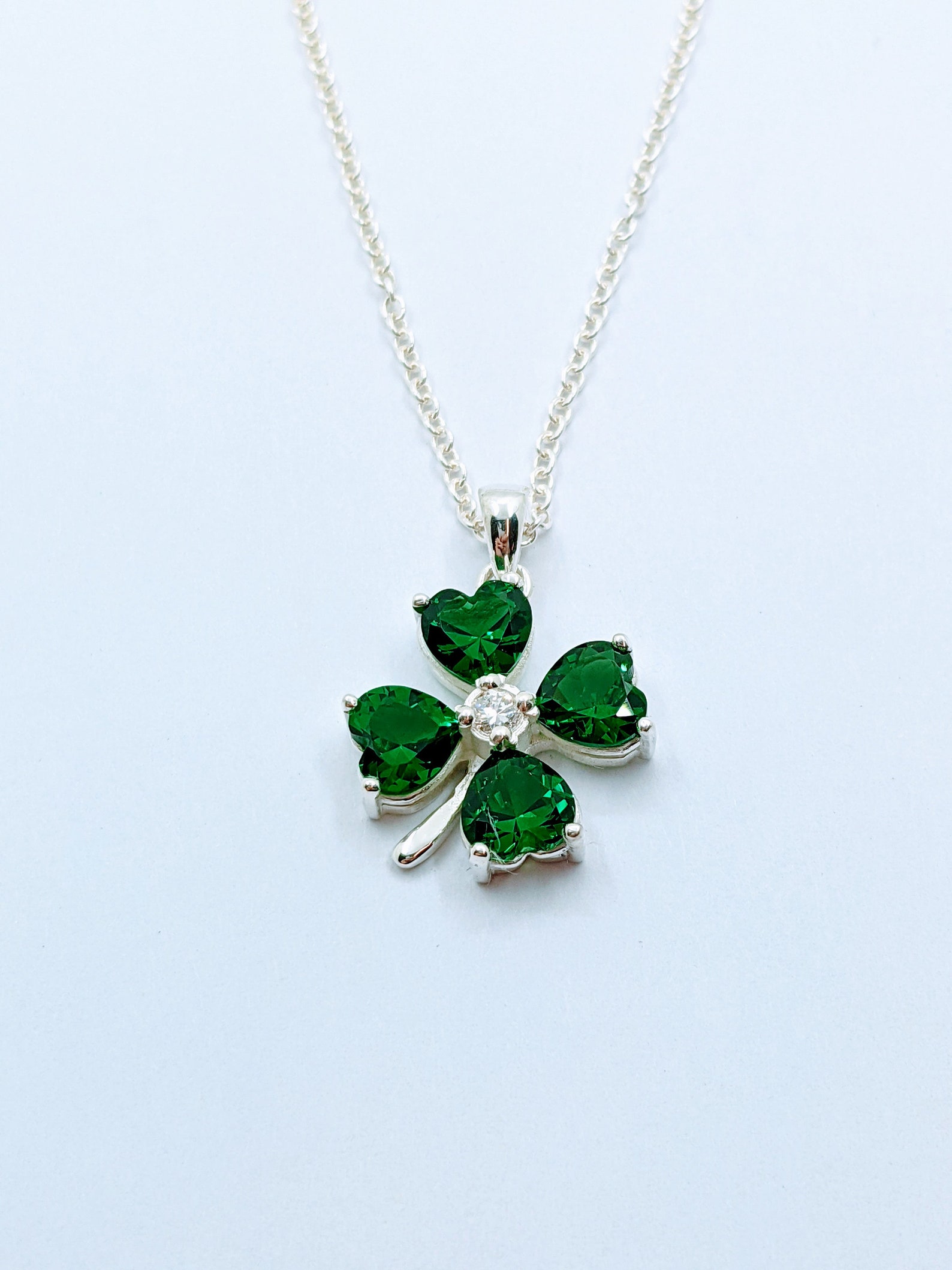 Sterling Silver Four Leaf Clover Emerald and Diamond Necklace. - Etsy