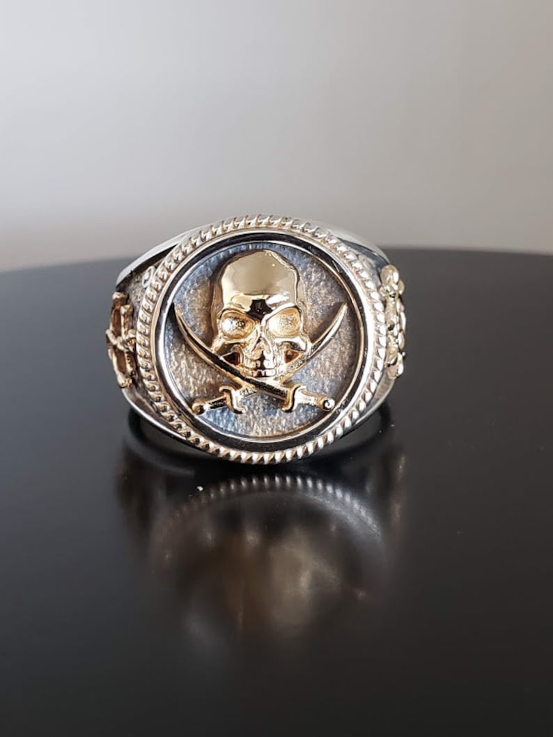 Sterling Silver and 14K Yellow Gold Pirate Skull Ring | Etsy