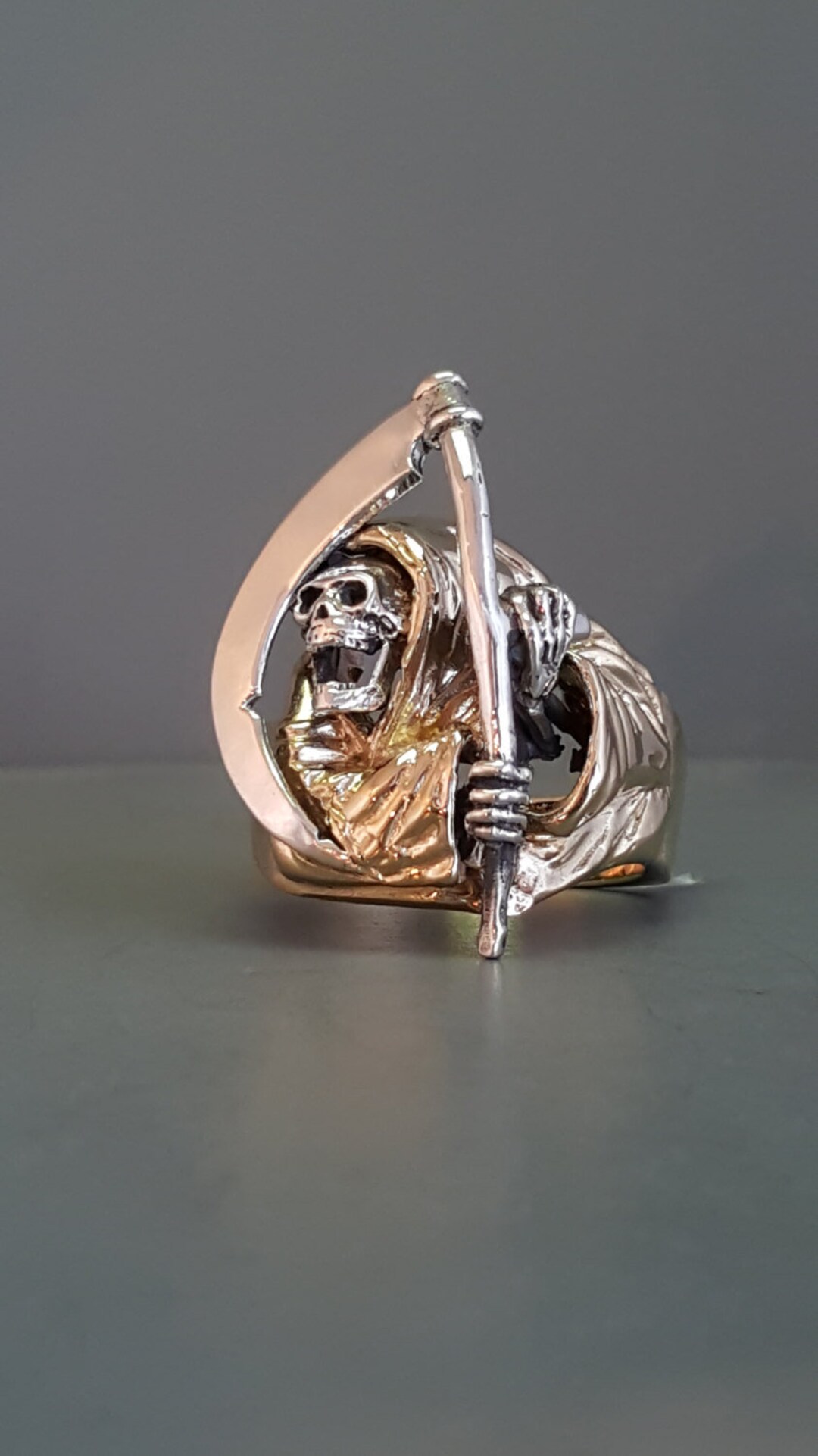 Solid 14K Yellow Gold and Sterling Silver Grim Reaper Skull Ring Made ...