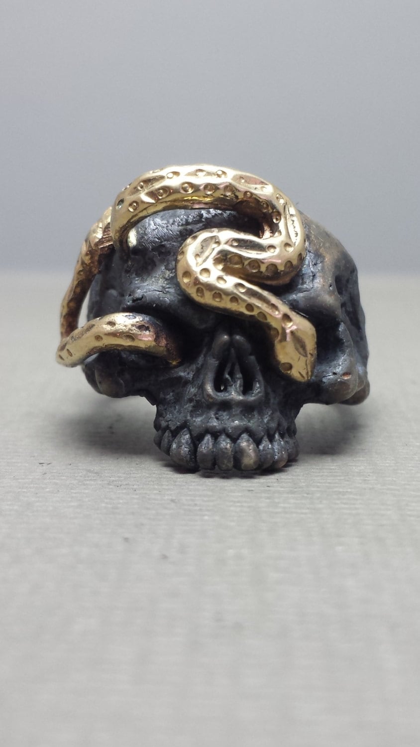 Sterling Silver and Solid 14K Yellow Gold Snake Skull Ring *** Solid ...