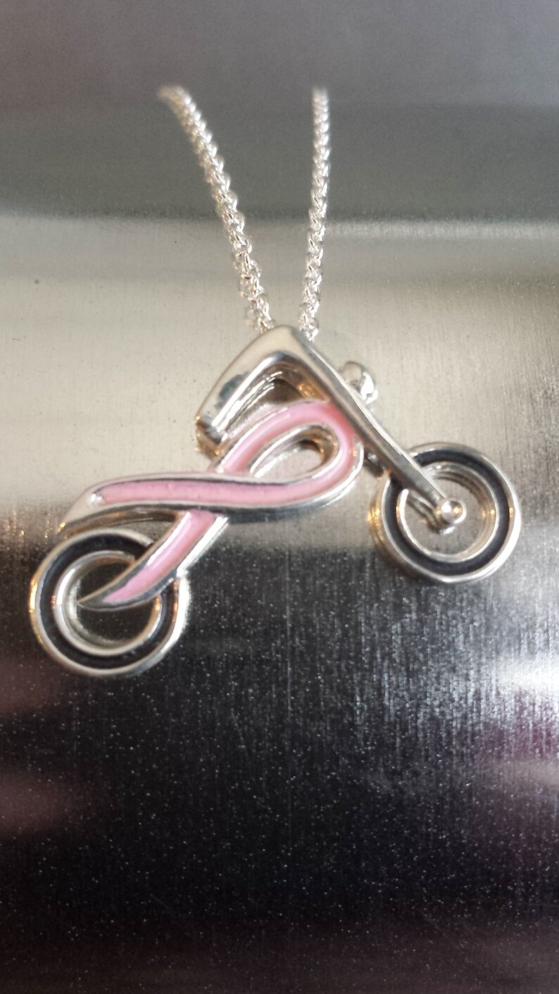 Sterling Silver Breast Cancer Ribbon Motorcycle Pendant With - Etsy