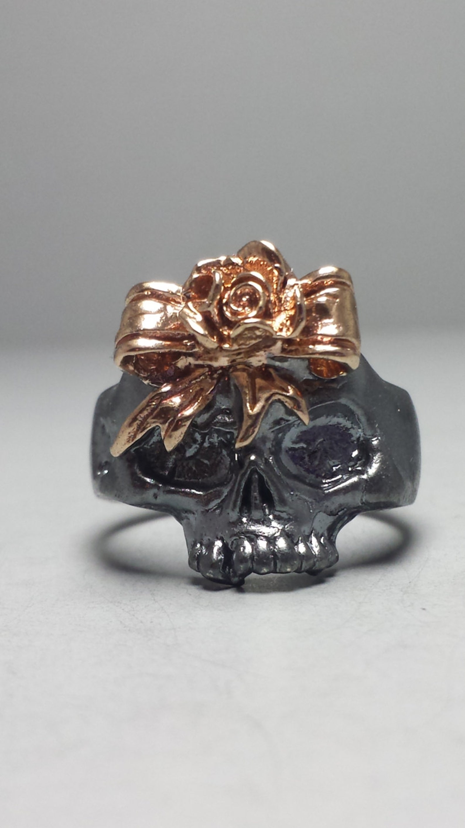 Sterling Silver and 14K Rose Gold Ribbon Flower Skull Ring - Etsy