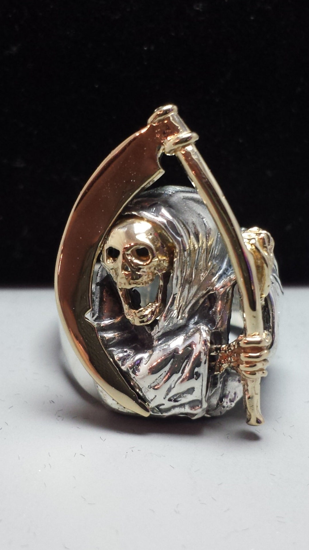 Sterling Silver and 14K Yellow Gold Grim Reaper Skull Ring Made in the ...