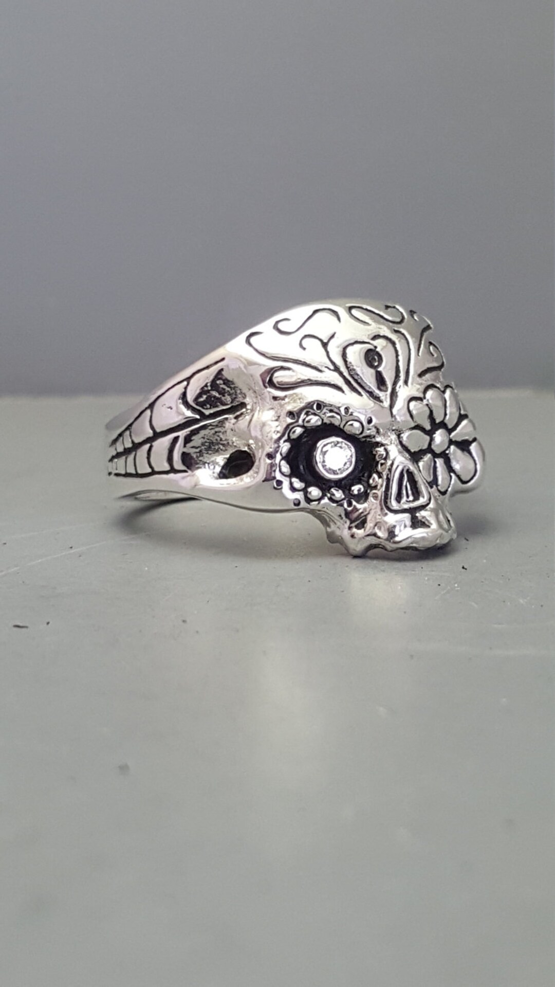 Solid Sterling Silver Handmade Sugar Skull Ring With 2.5 Mm Round ...