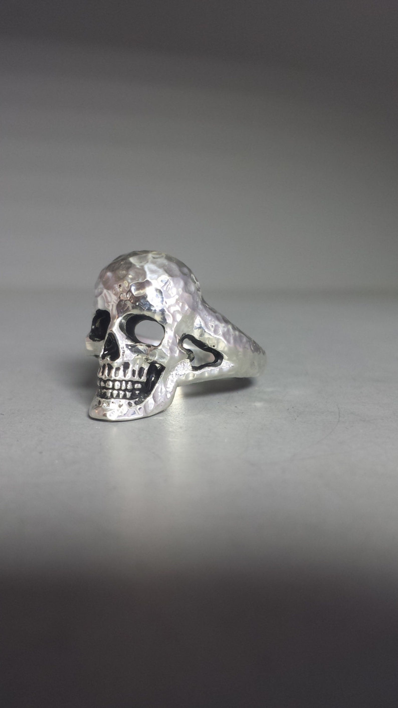 Sterling Silver Full Face Skull Ring With Hammered Finish - Etsy