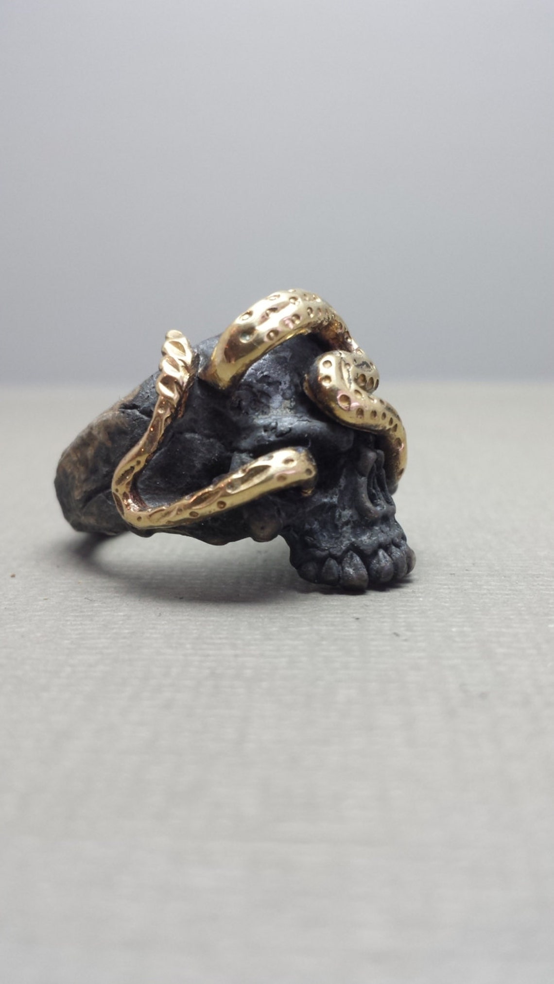 Sterling Silver and Solid 14K Yellow Gold Snake Skull Ring *** Solid ...