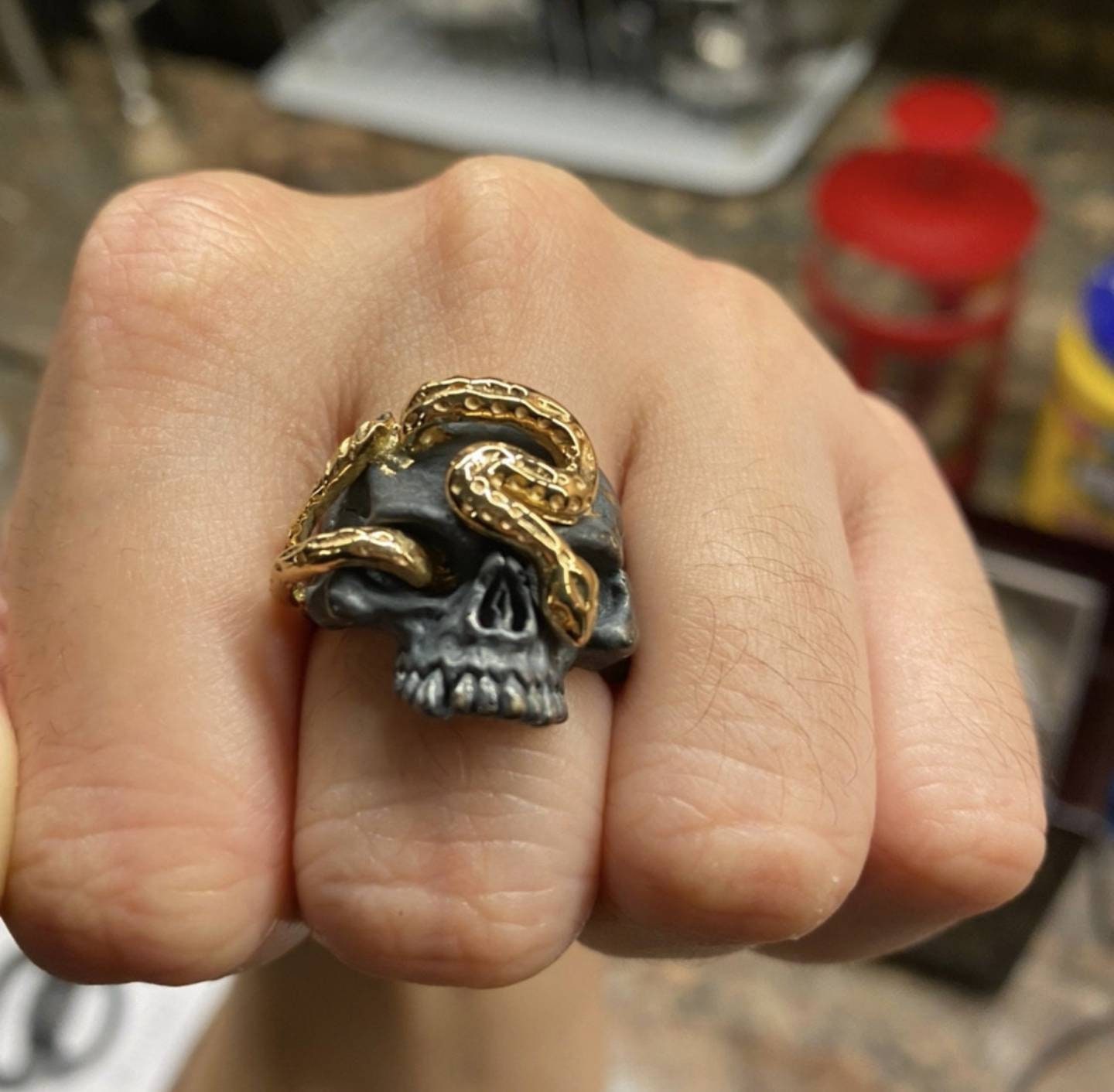 Sterling Silver and Solid 14K Yellow Gold Snake Skull Ring - Etsy