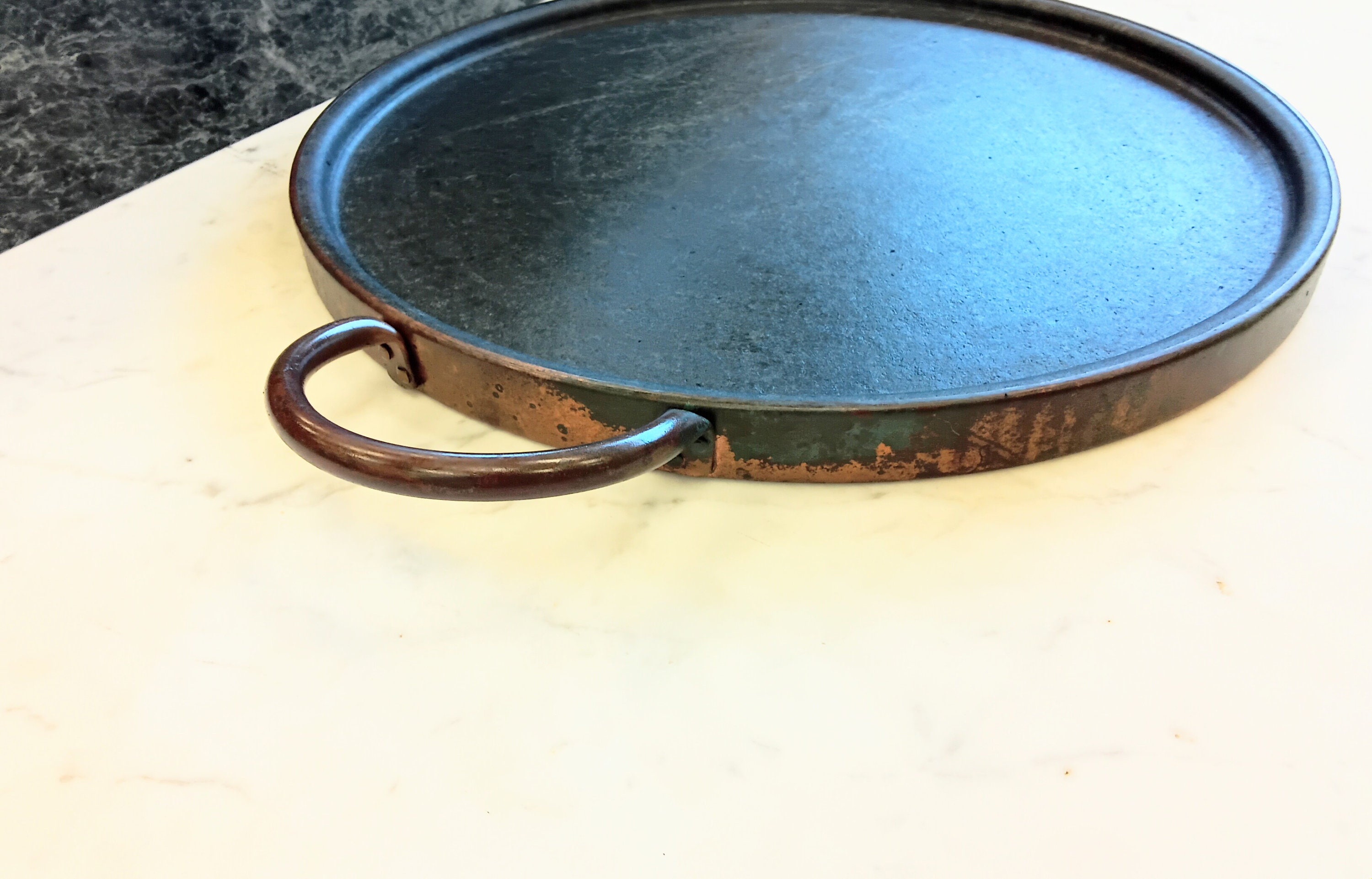 Oiled Stone Pizza Tray With Patina Copper Handles Soapstone Pizza Stone - Etsy