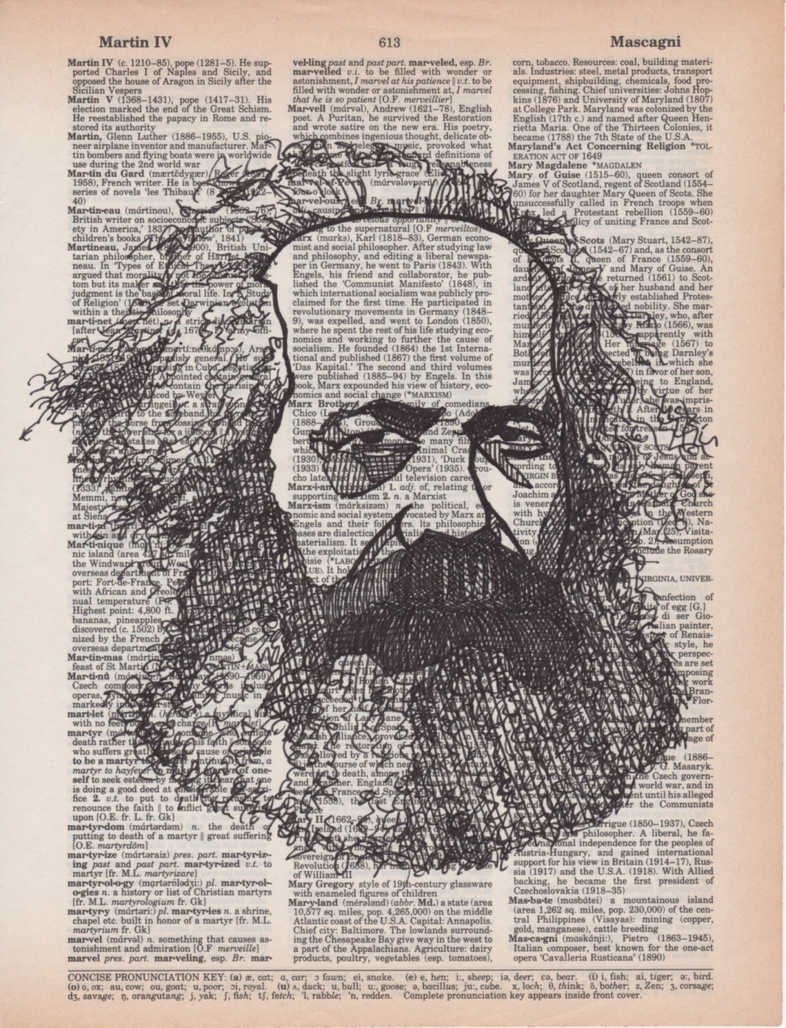 Karl Marx Portrait Drawn on an Aged Dictionary Page Containing His ...