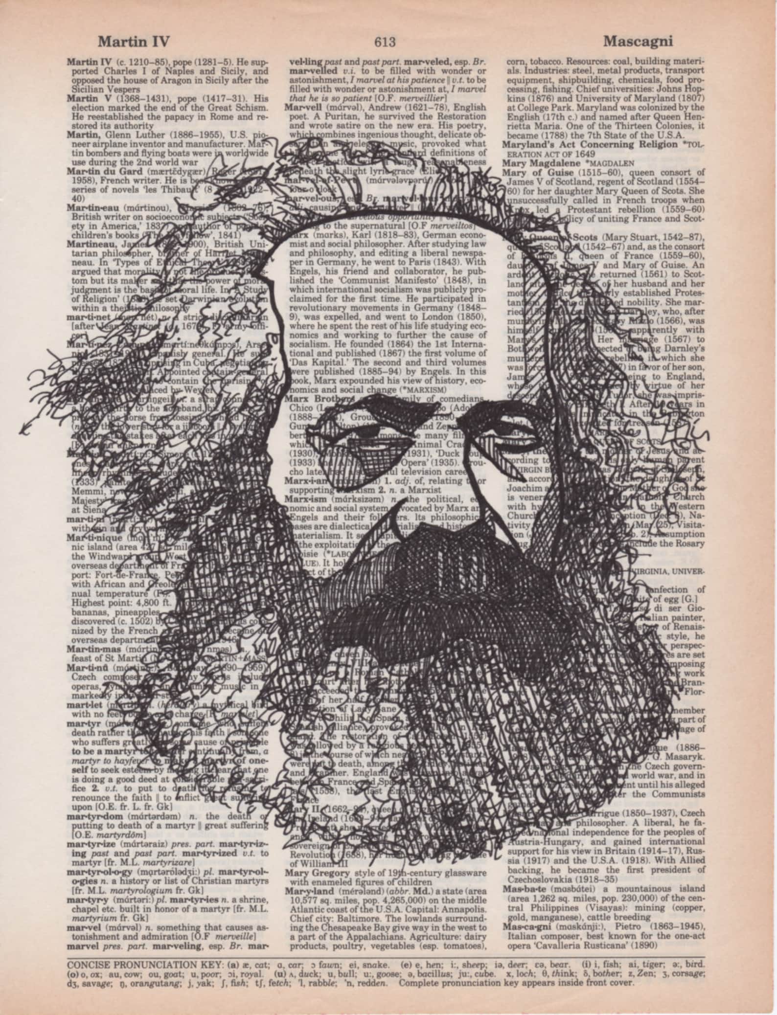 Karl Marx Portrait Drawn on an Aged Dictionary Page Containing His ...