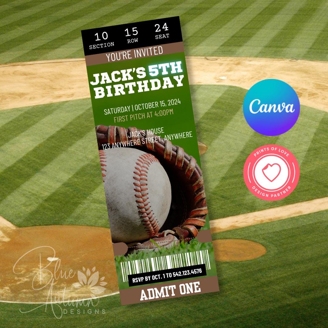 Baseball Ticket Birthday Invitation Template Digital Download, Canva ...