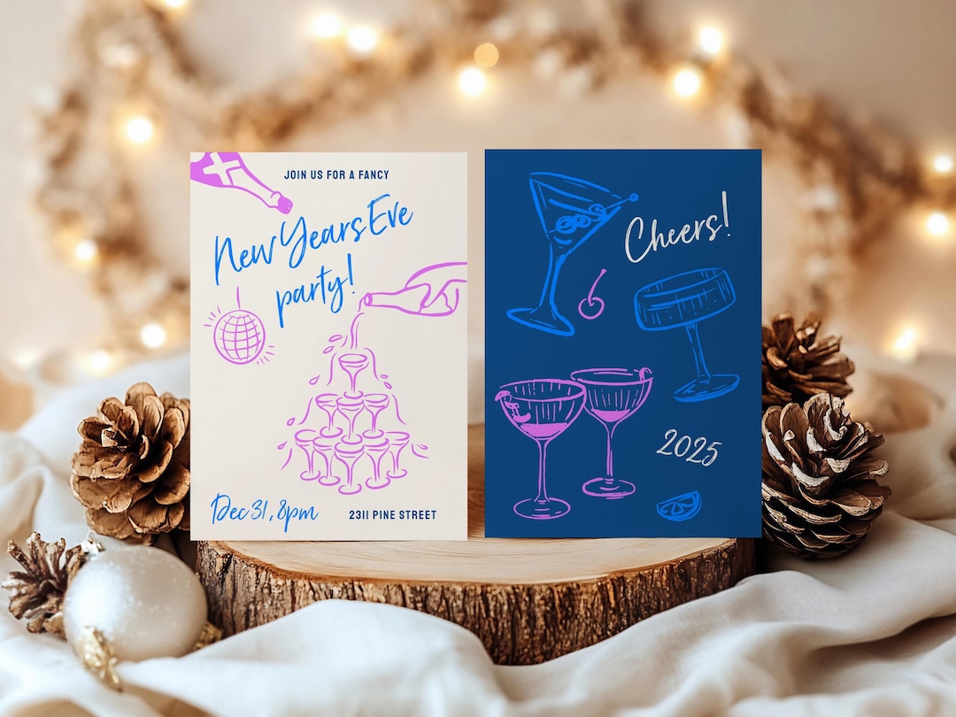 New Year's Eve Party Invitation Template, Retro Doodle NYE Card, Hand ...