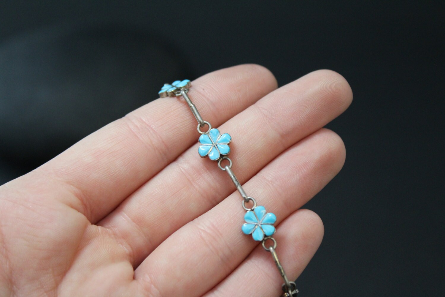Delicate Sterling Silver Native American Zuni Turquoise Inlay Flower ...