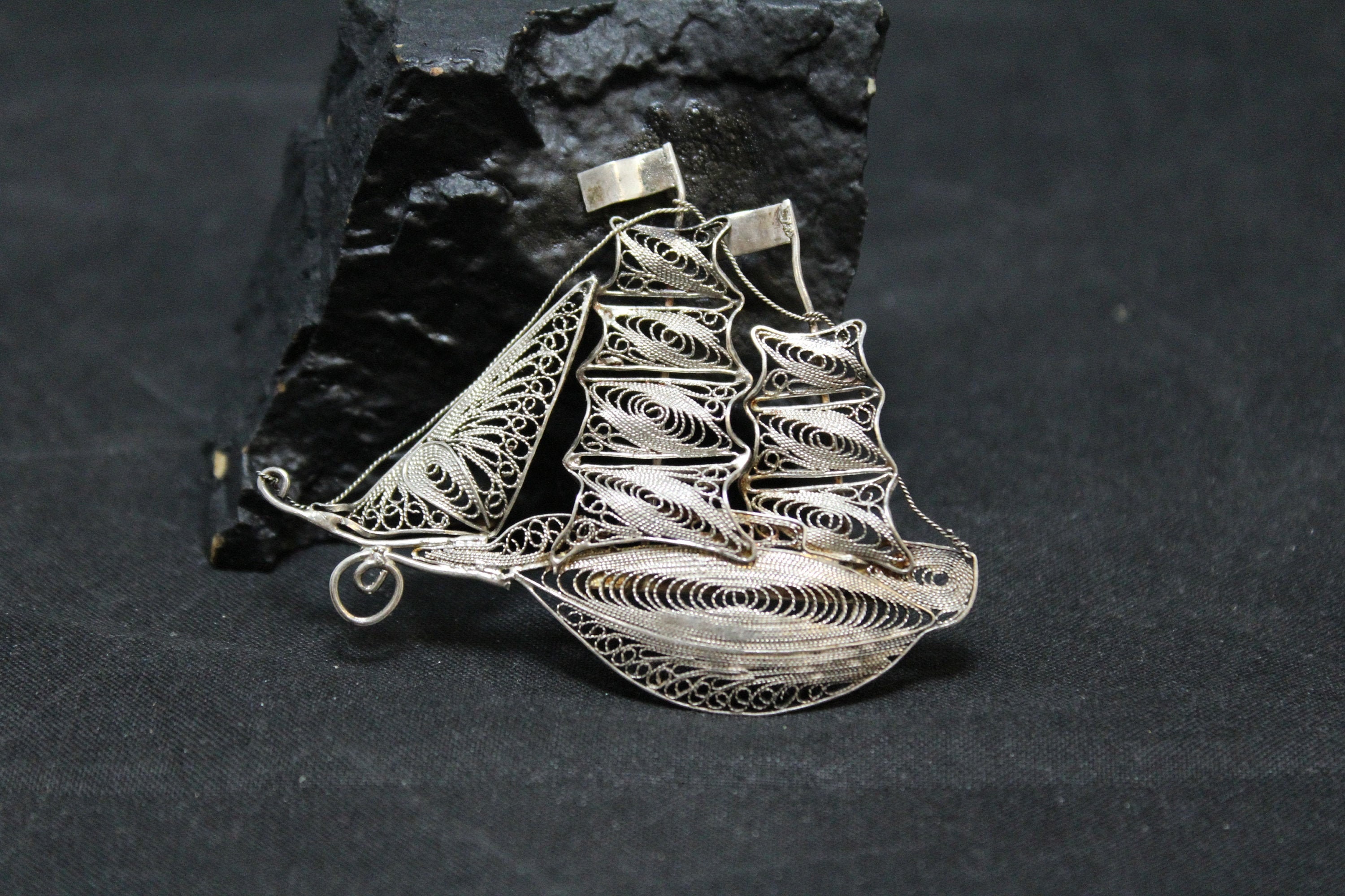 Sterling Silver Filigree Ship Pin Sterling Silver Filigree Boat Brooch Sterling Silver Sailing