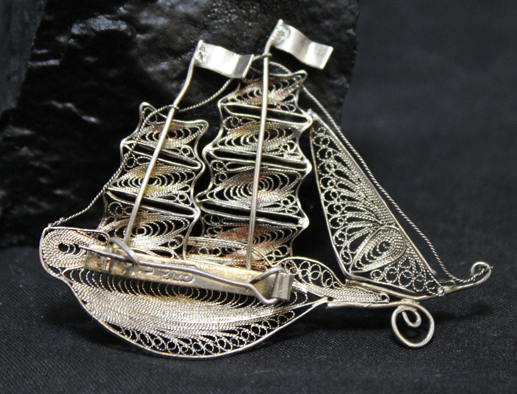 Sterling Silver Filigree Ship Pin, Sterling Silver Filigree Boat Brooch ...