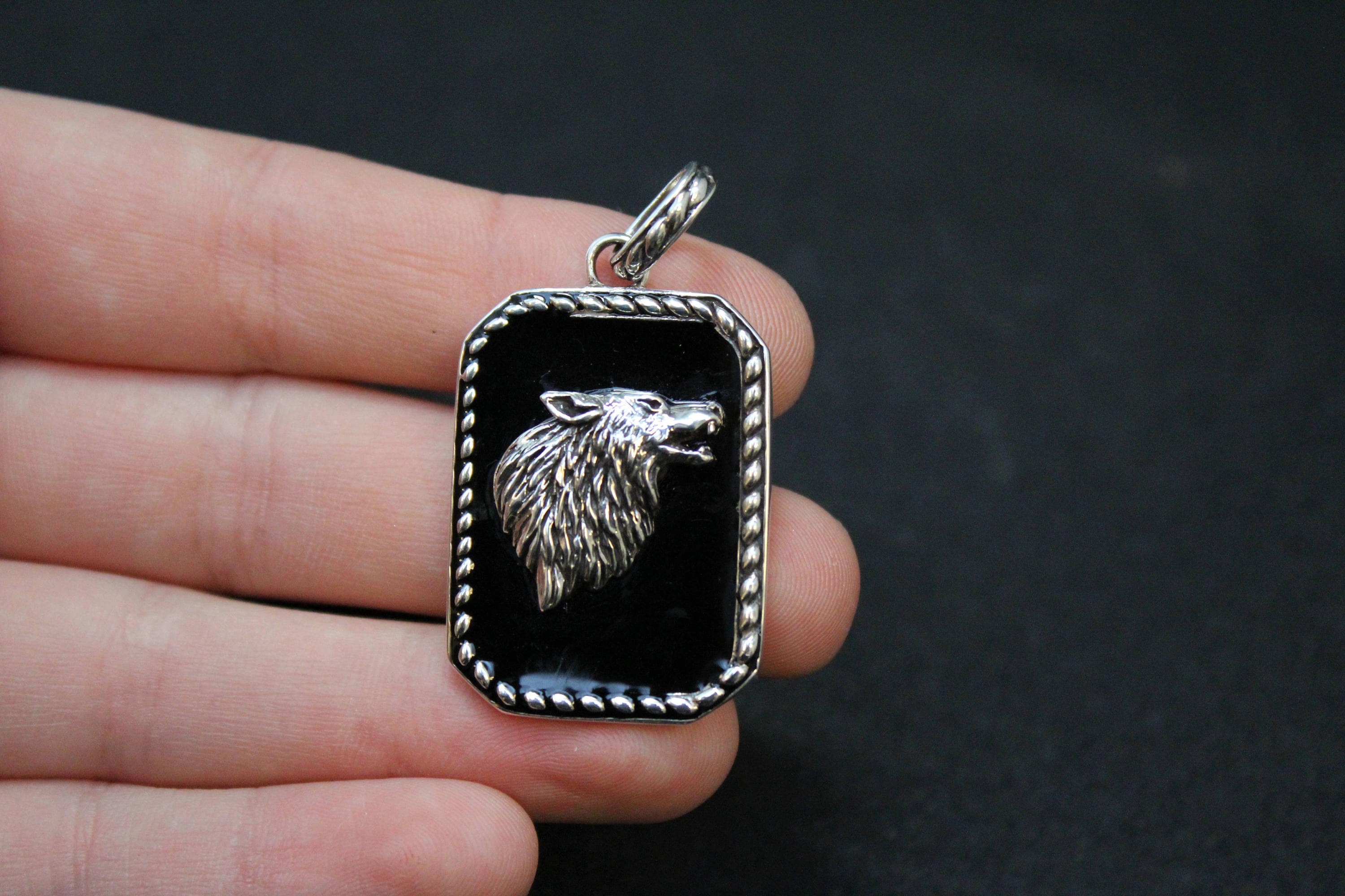 Sterling Silver and Enamel Wolf Dog Tag Pendant, Sterling Wolf Pendant ...