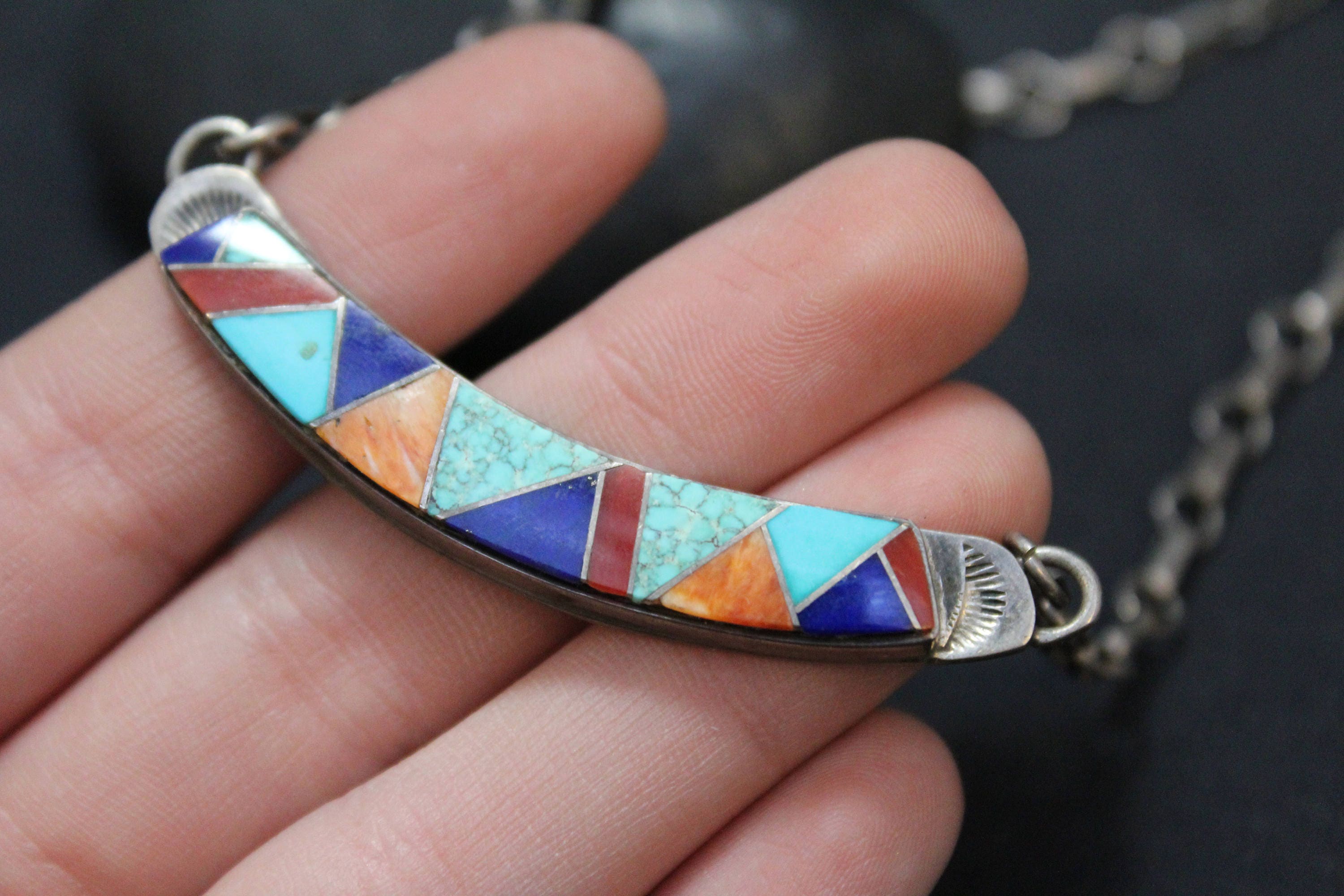 Sterling Silver Native American Zuni Inlay Necklace, Turquoise Inlay ... Sterling Silver Native American Zuni Inlay Necklace, Turquoise Inlay ...