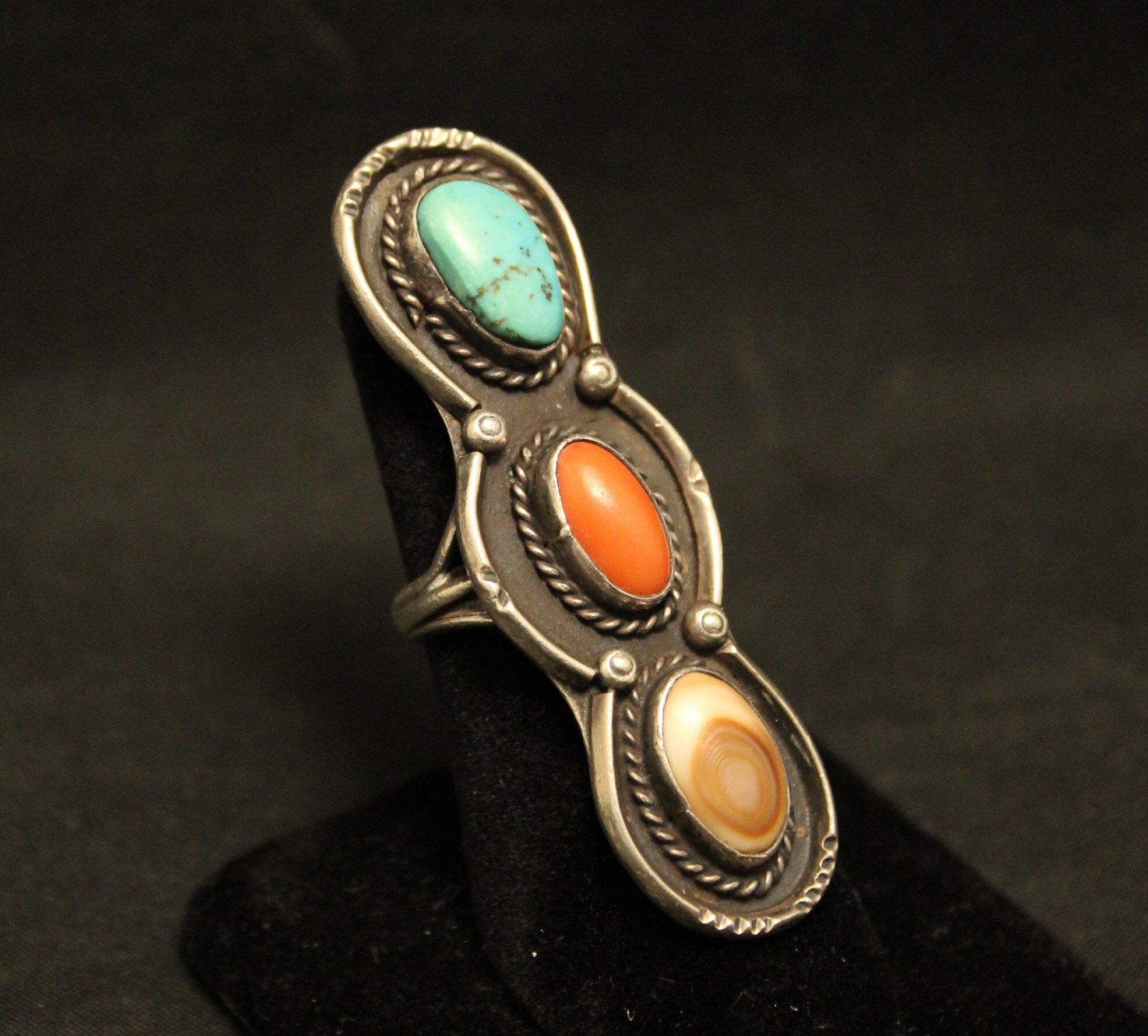 Unique Sterling Silver Native American Turquoise, Coral, Shell Ring ...