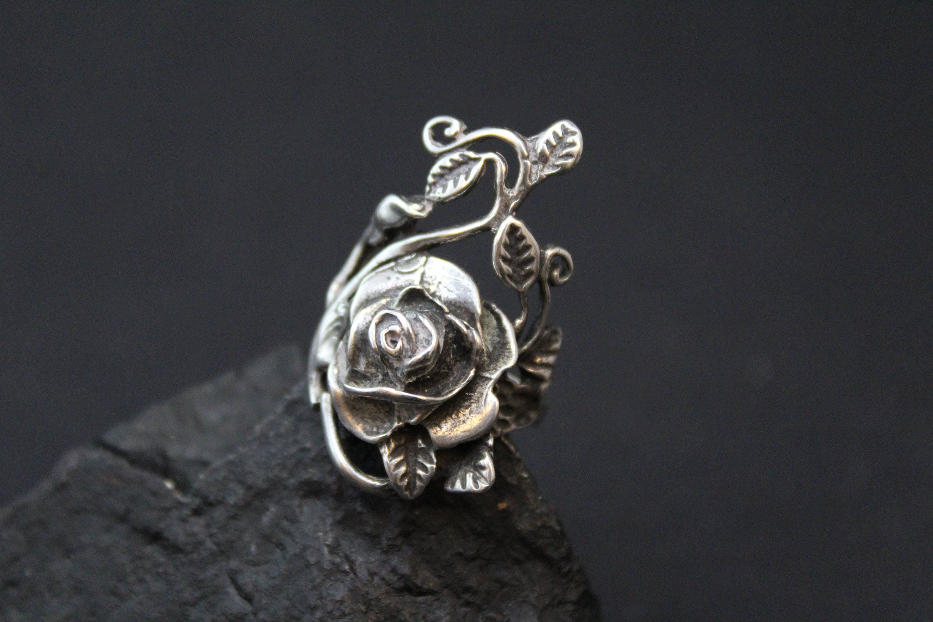 Sterling Silver Rose Ring, Sterling Vine Ring, Large Silver Rose Ring ...