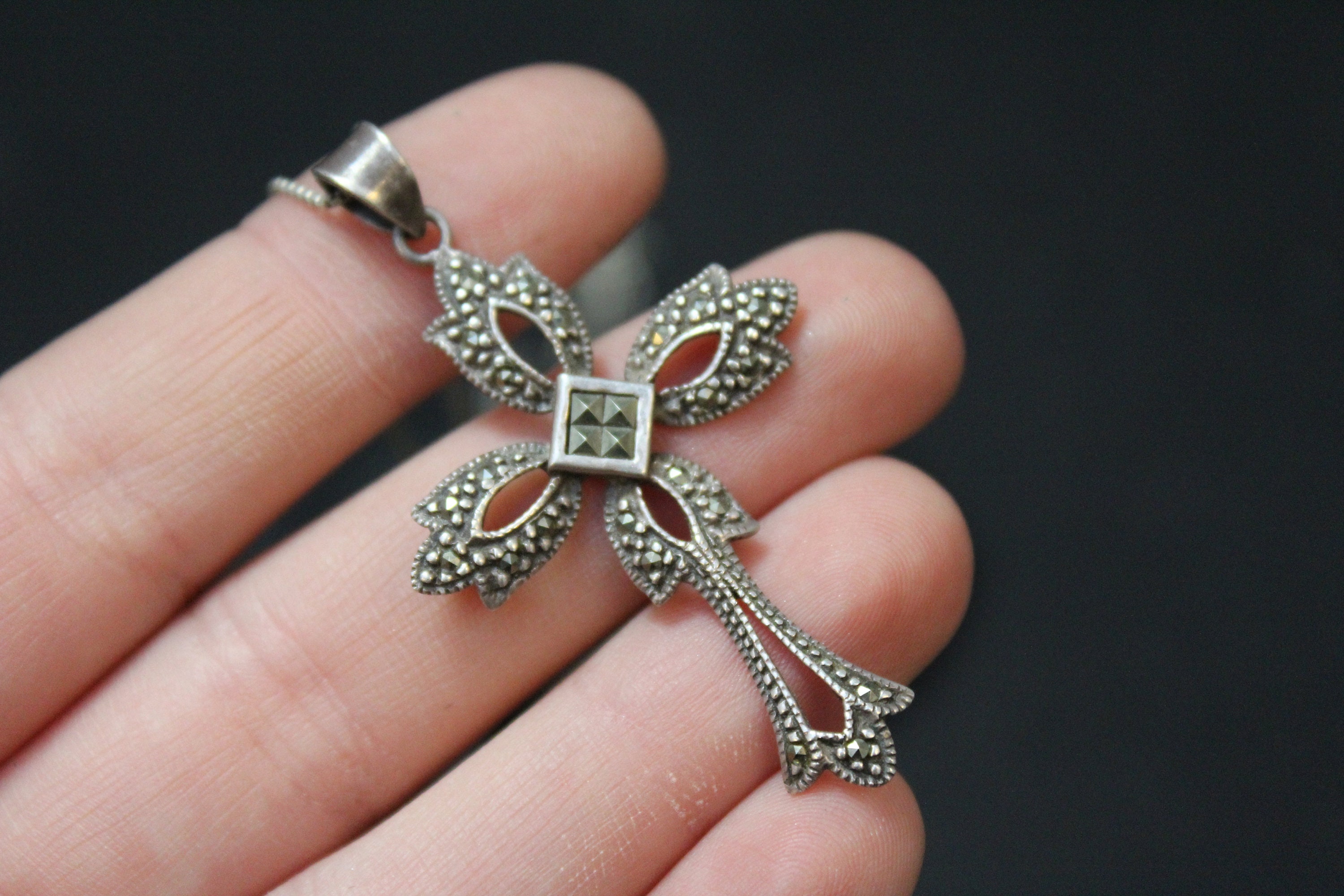 Sterling Silver Long Marcasite Cross Necklace, Marcasite Jewelry ...