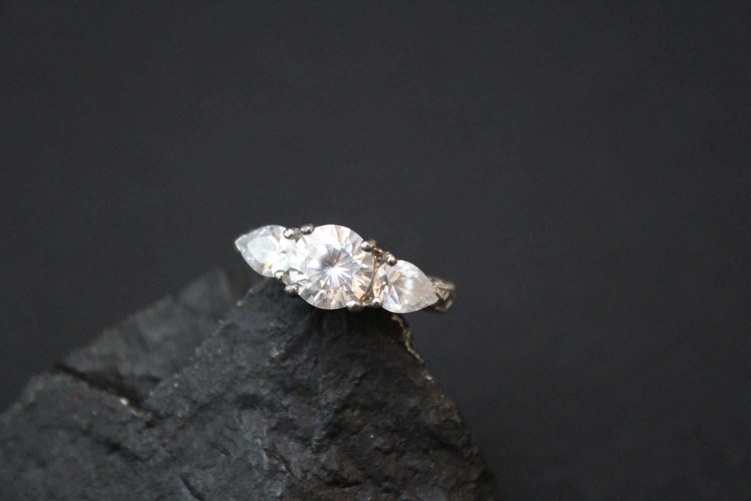 Sterling Three Stone CZ Ring, CZ Cocktail Ring, Pear Shaped CZ, Genuine ...