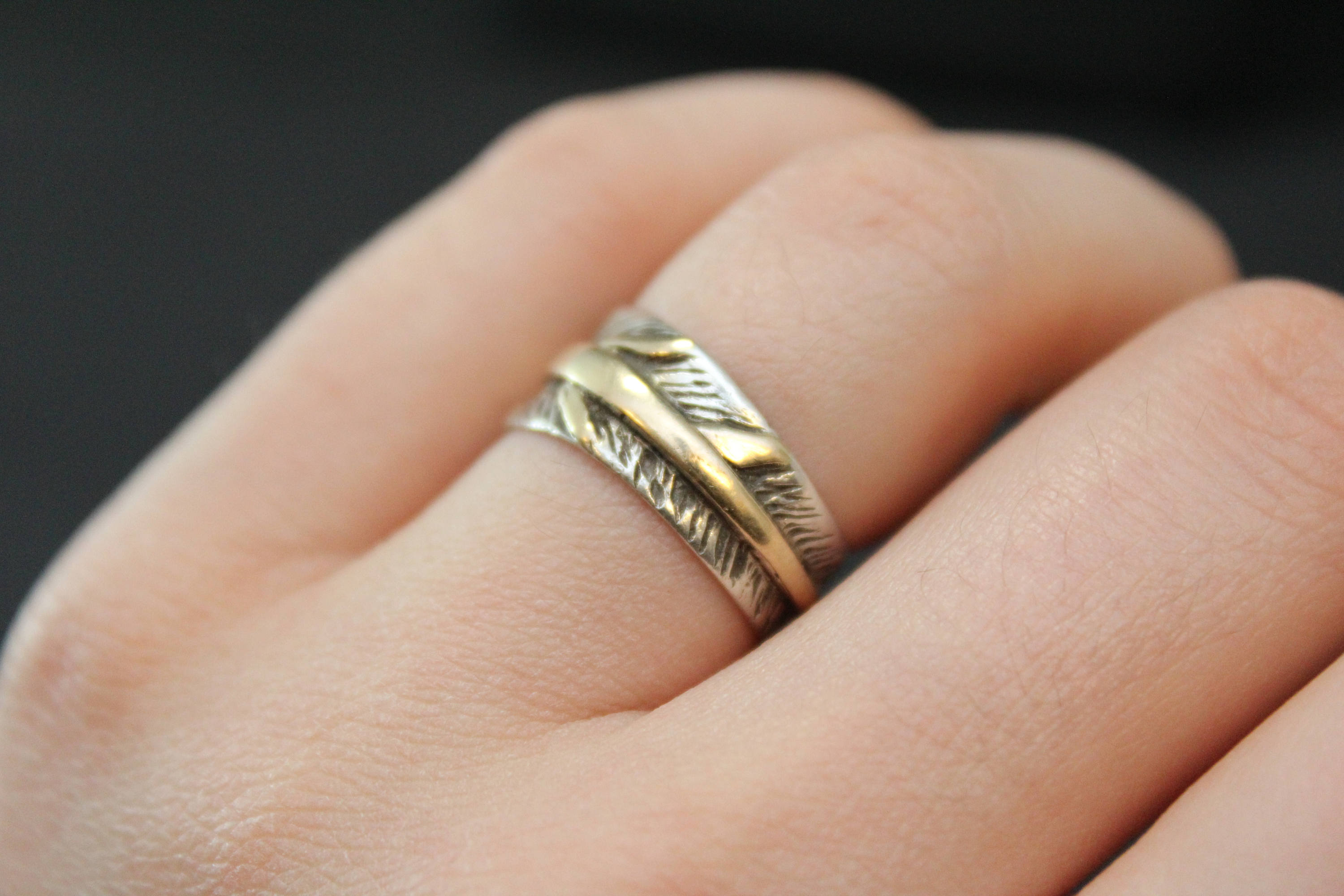 Sterling Silver and 14K Yellow Gold Artisan MICHAEL LITTLE Elk Eagle Wrap Ring, Sterling Silver ...