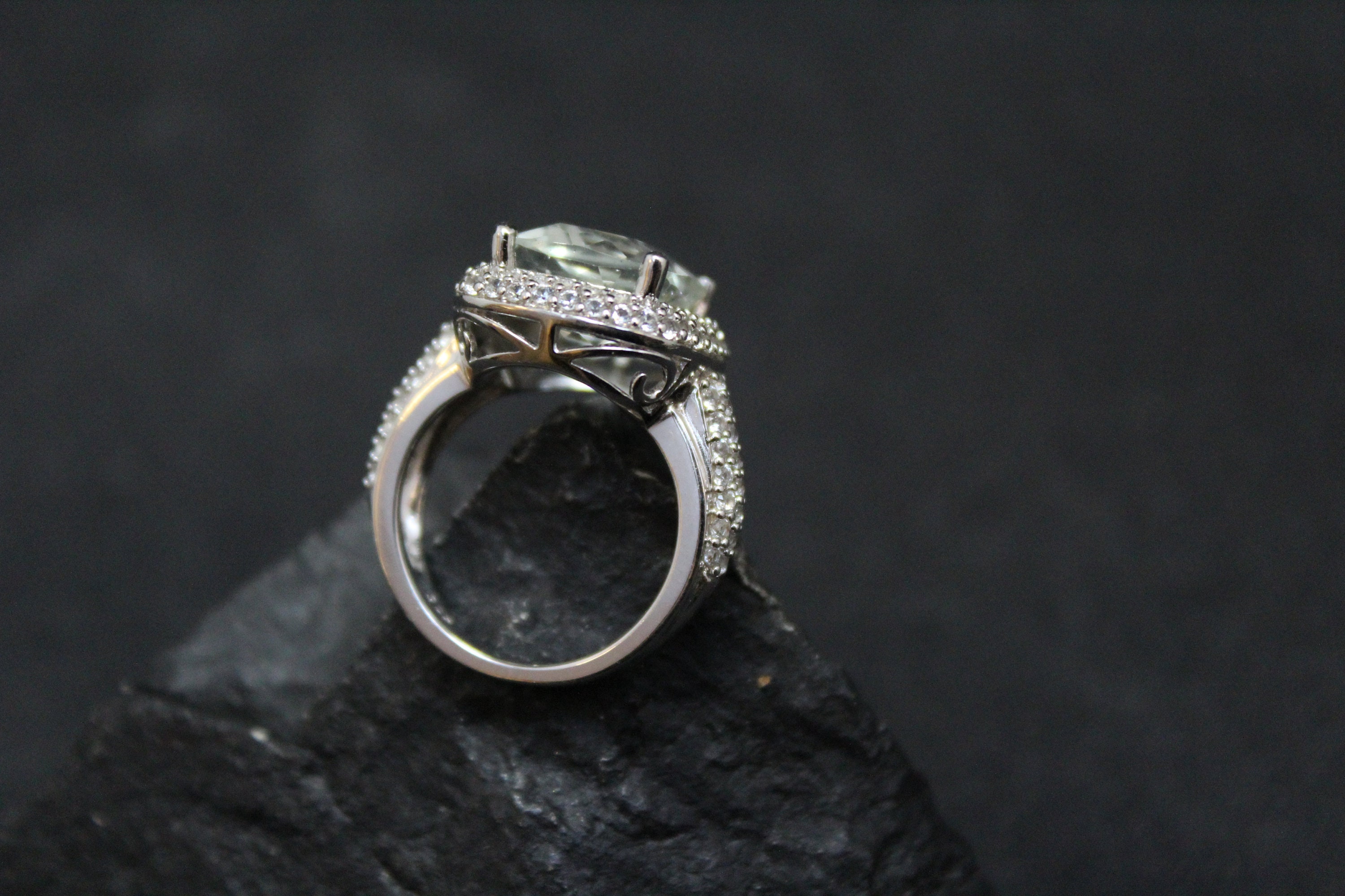 Sterling Silver Cushion Cut Prasiolite Ring with White Topaz and Chrome ...