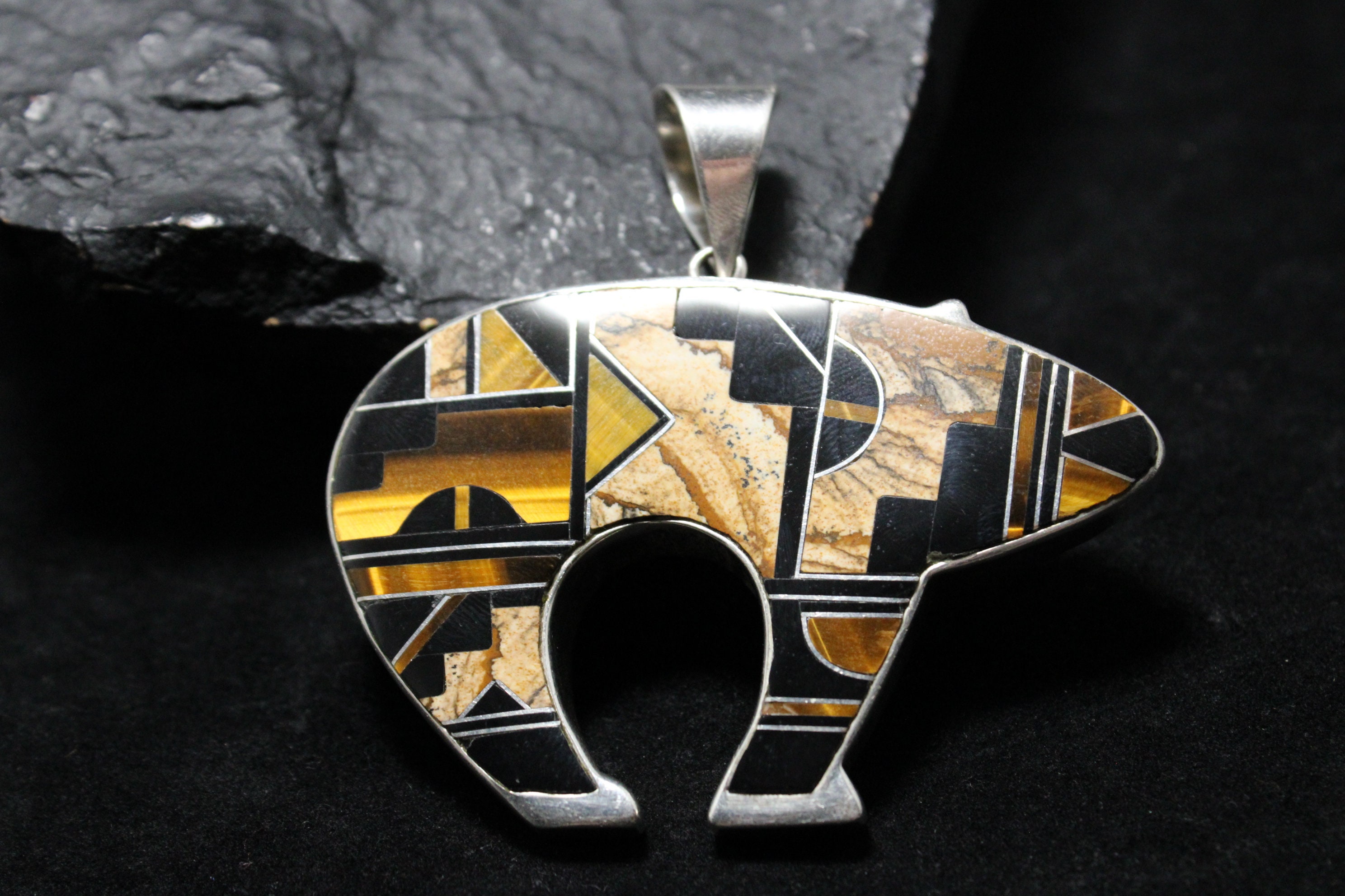 Sterling Silver Navajo Bear Pendant, Tigers Eye Jasper Onyx Stone Inlay ...