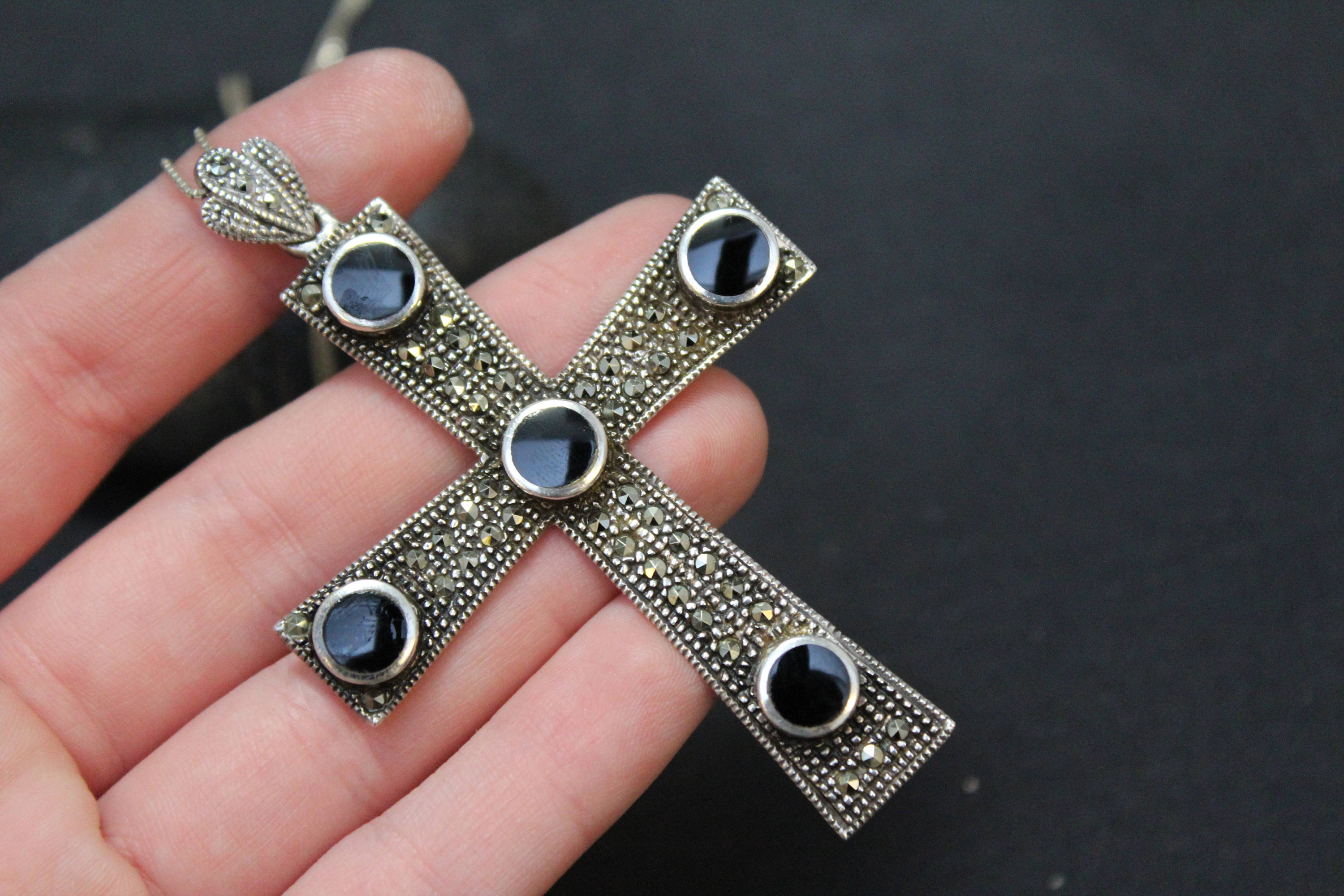 Large Sterling Silver Onyx and Marcasite Cross Necklace, Big Sterling ...