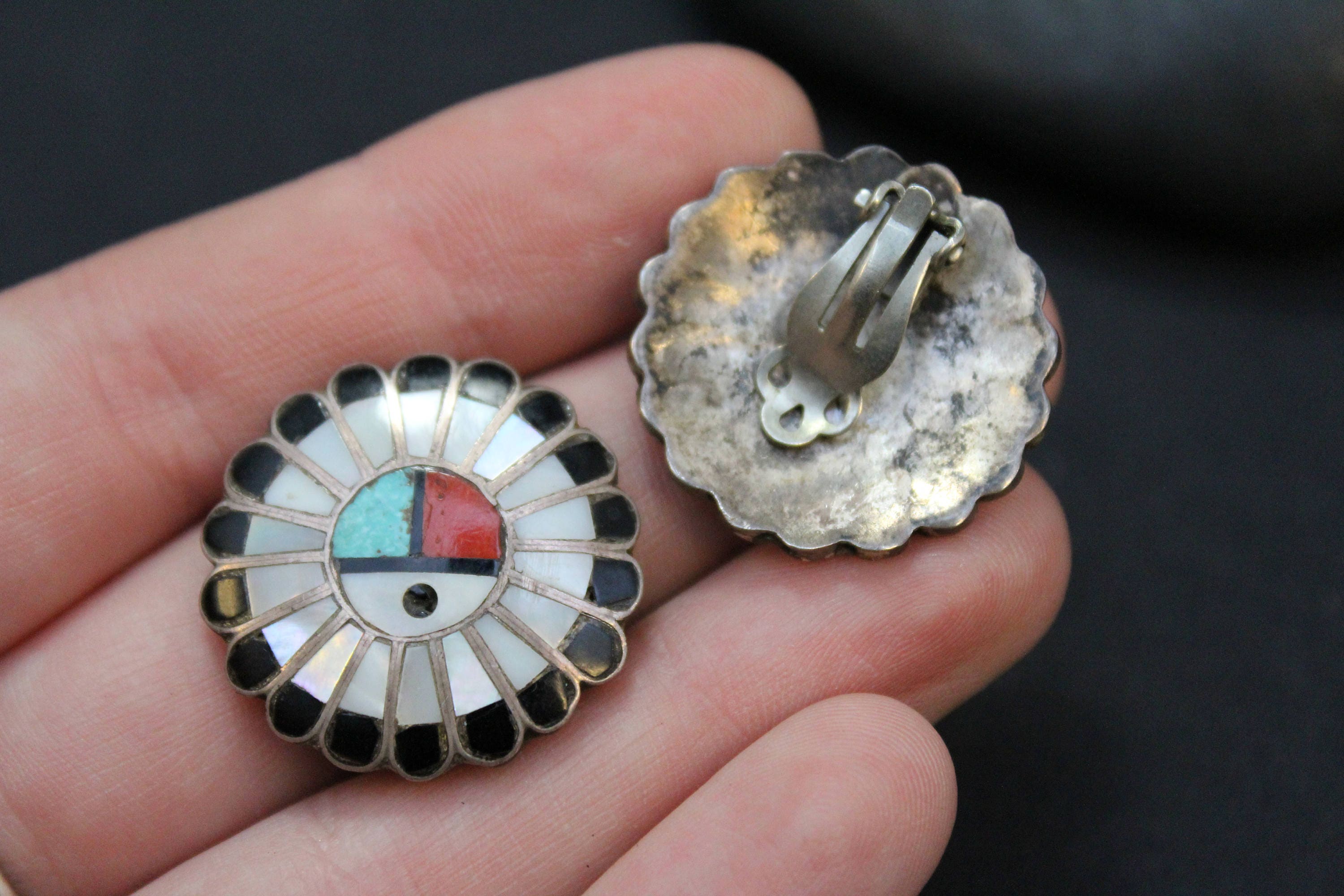 Sterling Silver Zuni Sun Clip On Earrings, Zuni Earrings, Sterling Zuni ...