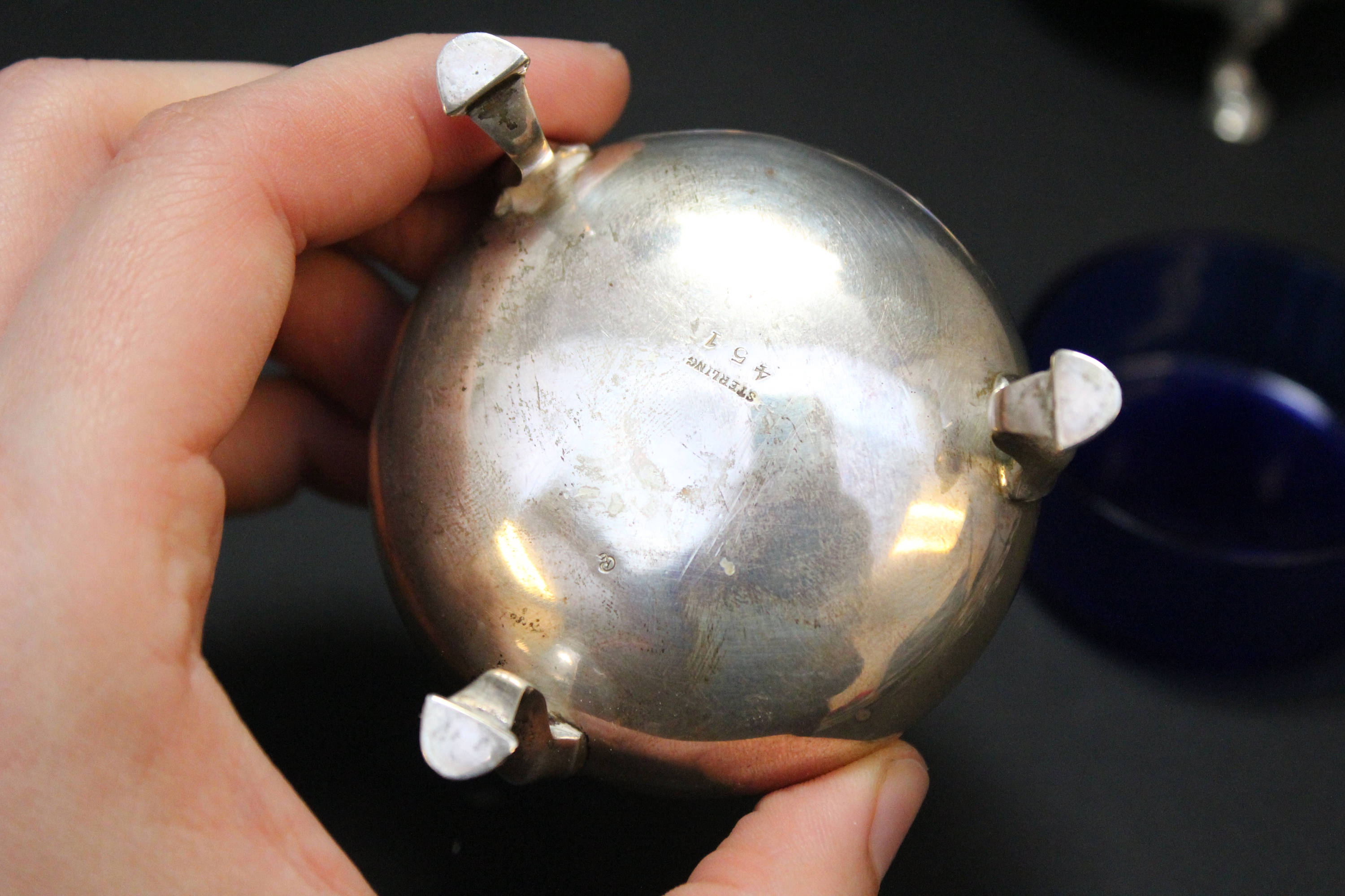 Set of Four Sterling Silver Salt Cellars with Cobalt Blue Glass Inserts ...
