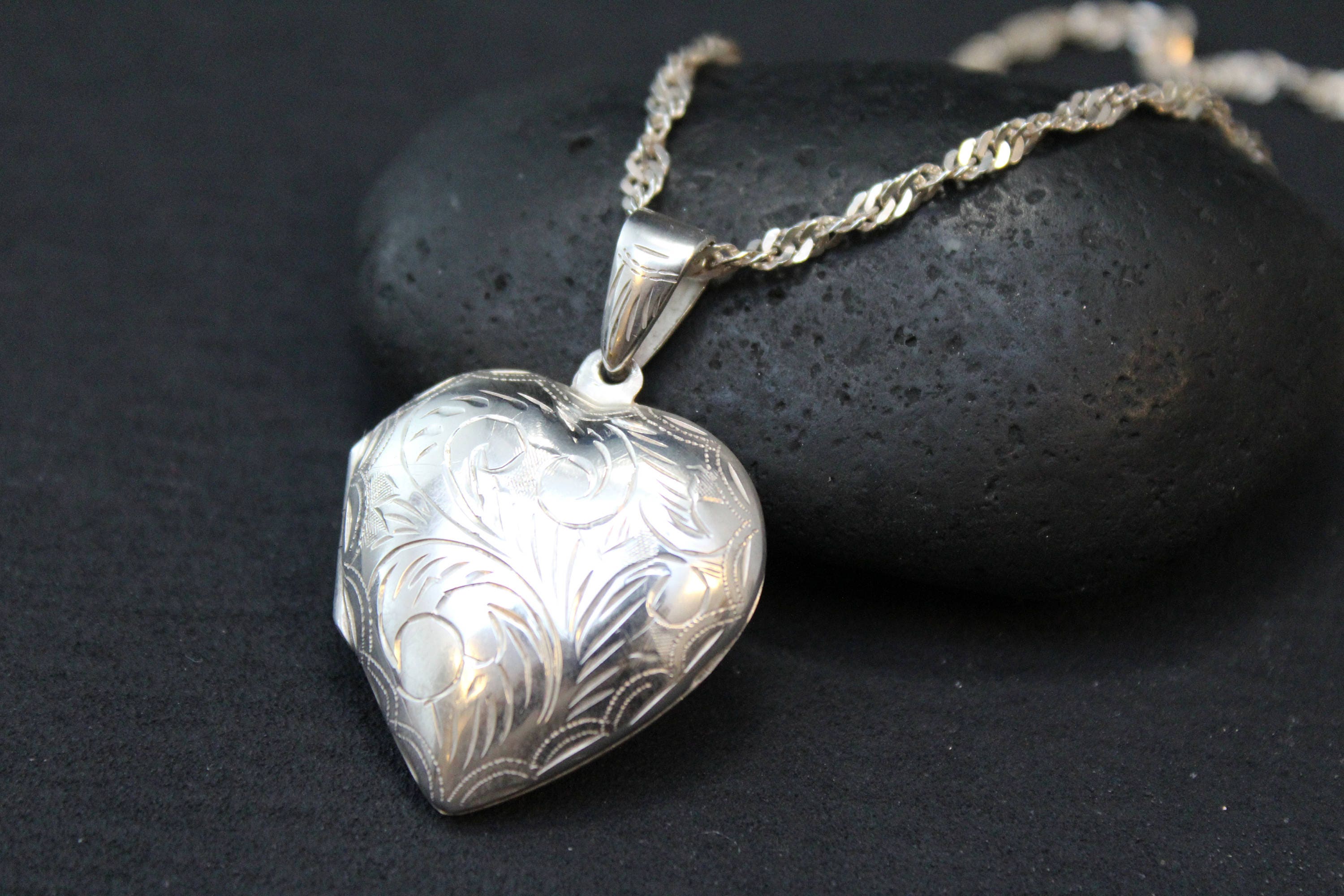Sterling Silver Tooled Heart Locket on Twisted Flat Link Chain ...