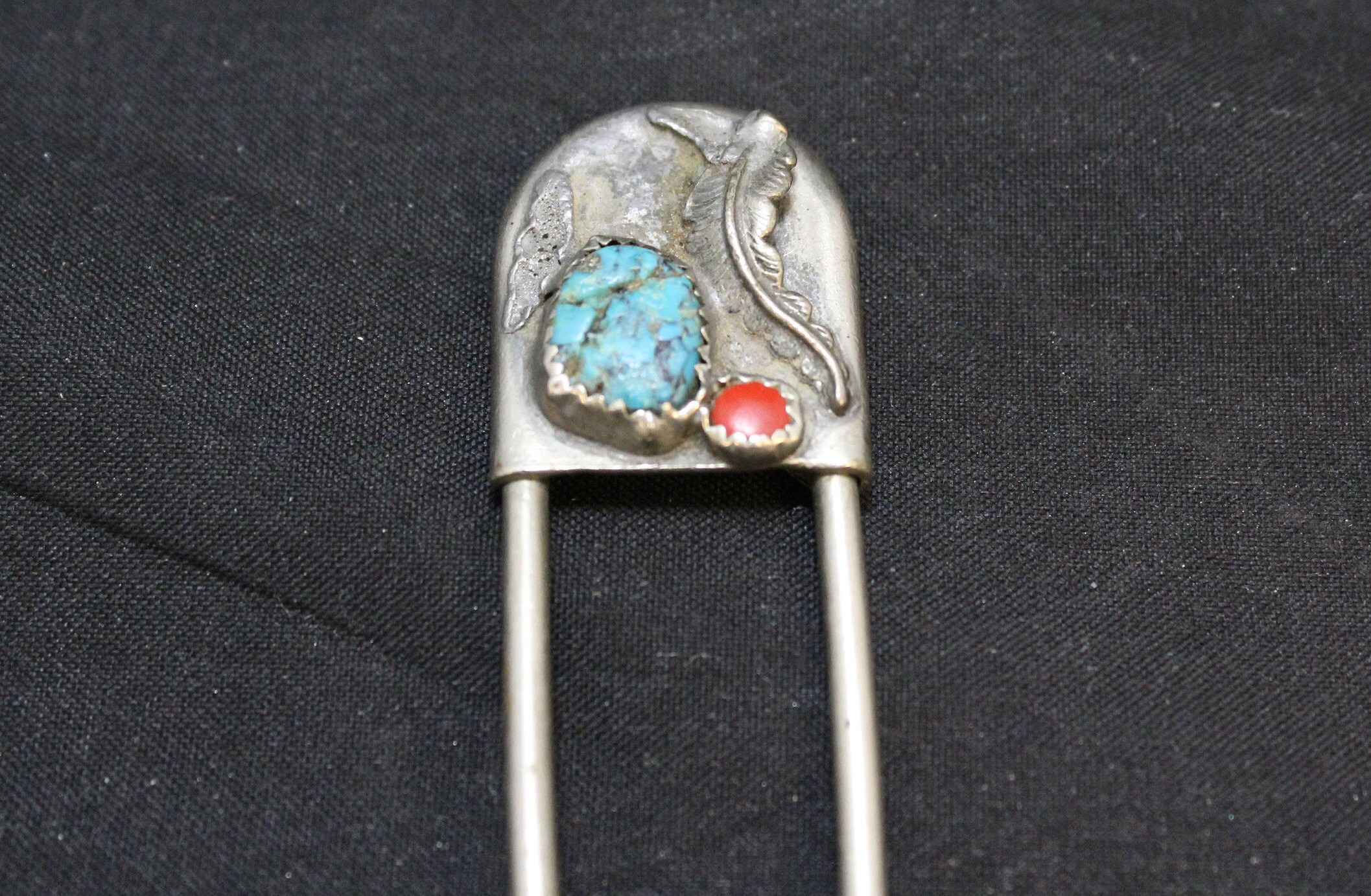 Huge Nickel Silver Pin With Coral And Turquoise Stones, Vintage Nickel ...