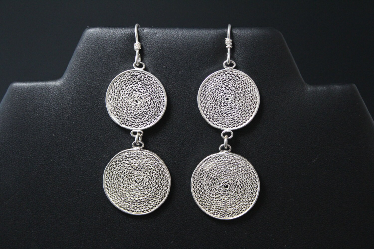 Sterling Silver Modernist Intricate Mesh Dangle Circle Wire Earrings