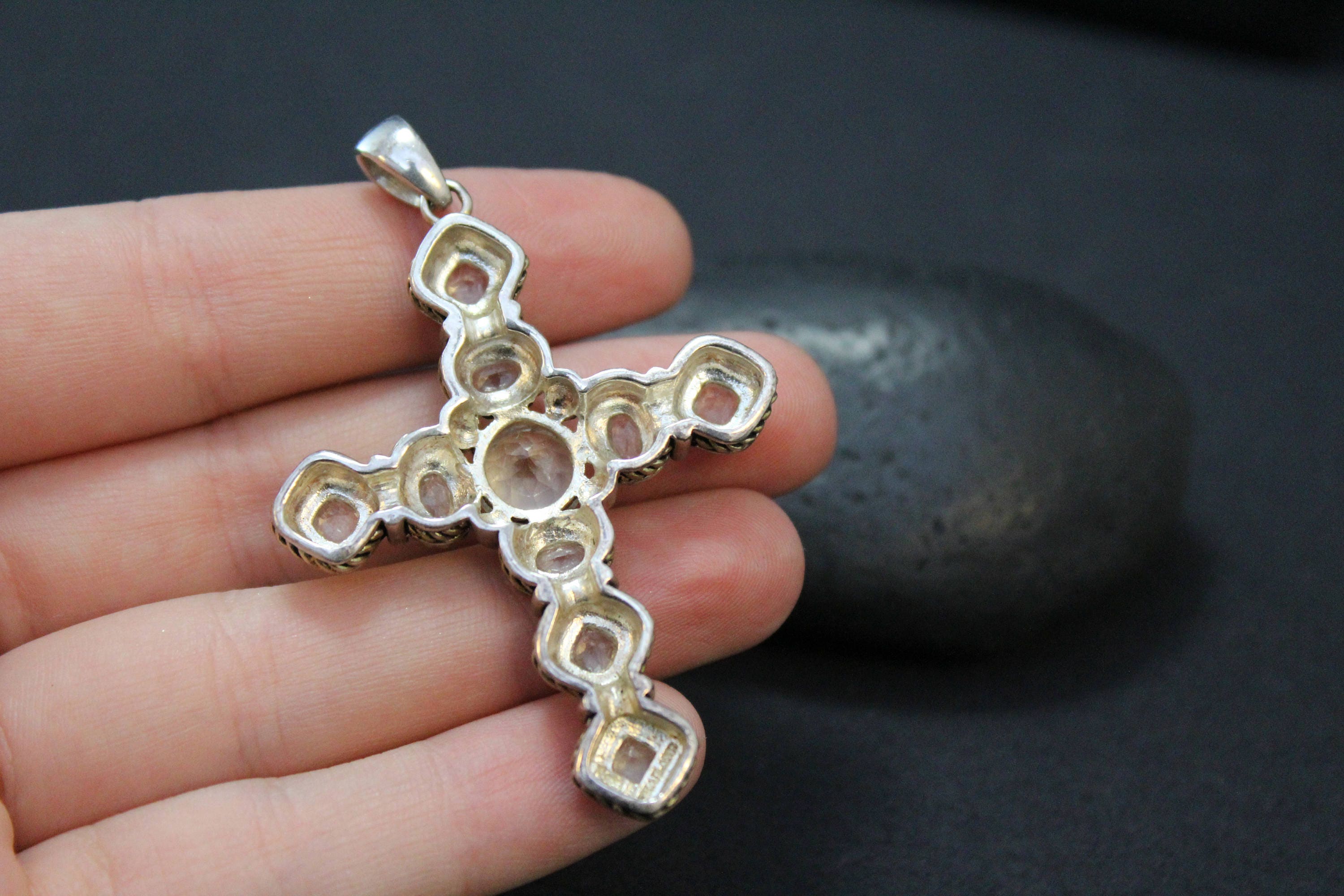 Large Sterling Silver Two Town Gemstone Cross Pendant, Sterling Silver ...