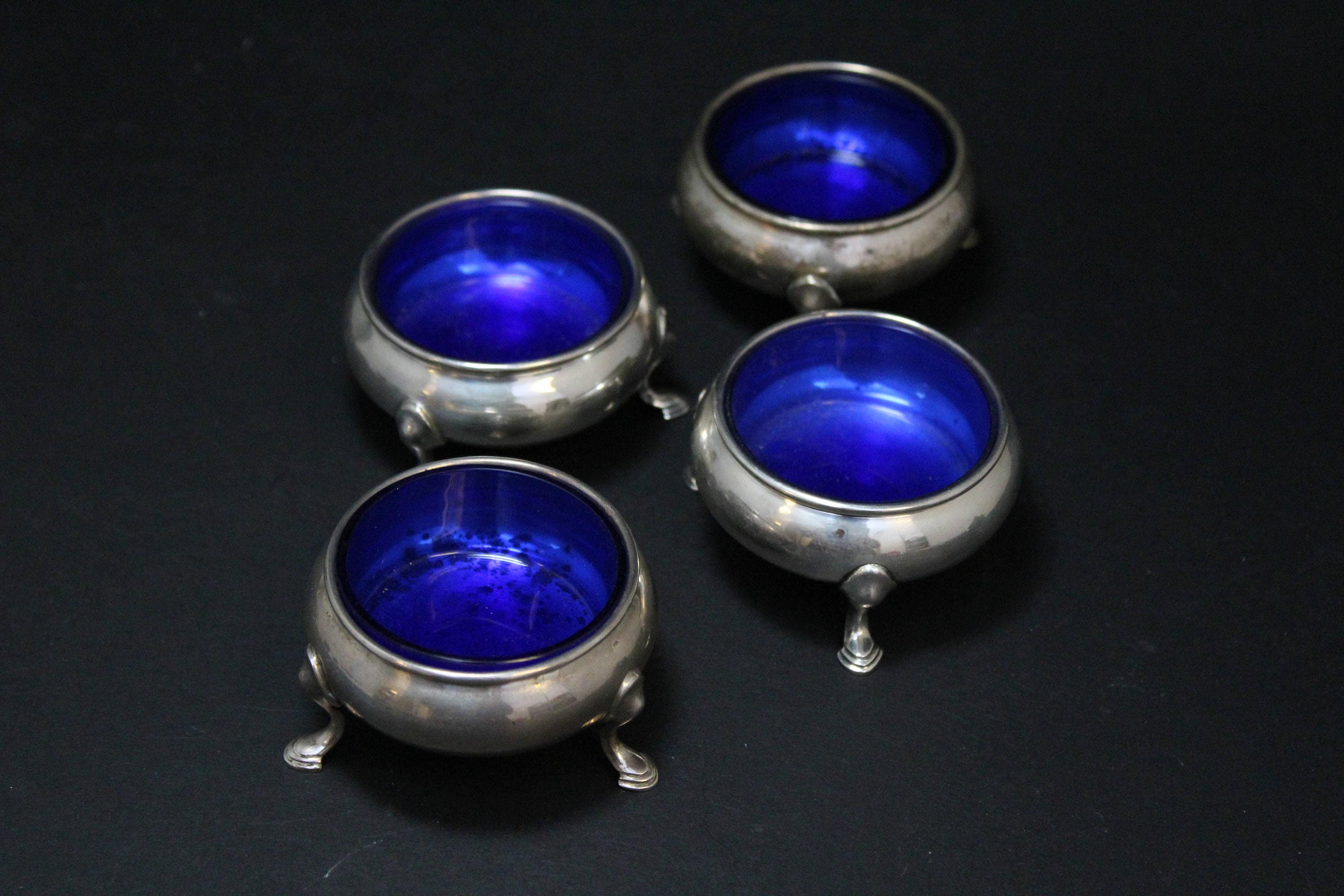 Set of Four Sterling Silver Salt Cellars with Cobalt Blue Glass Inserts ...