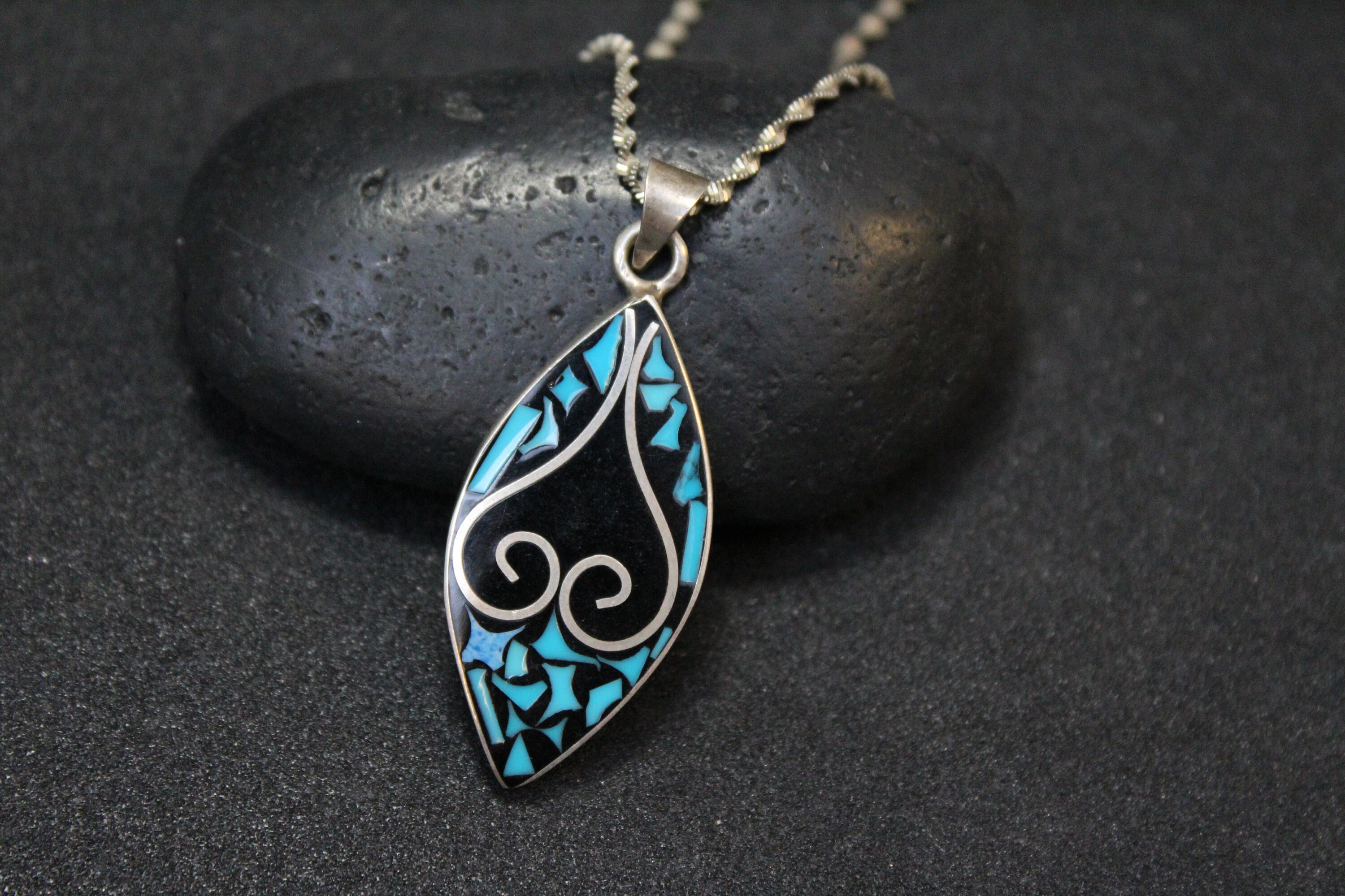 Sterling Silver Turquoise Inlay Necklace, Turquoise Mosaic Necklace ...