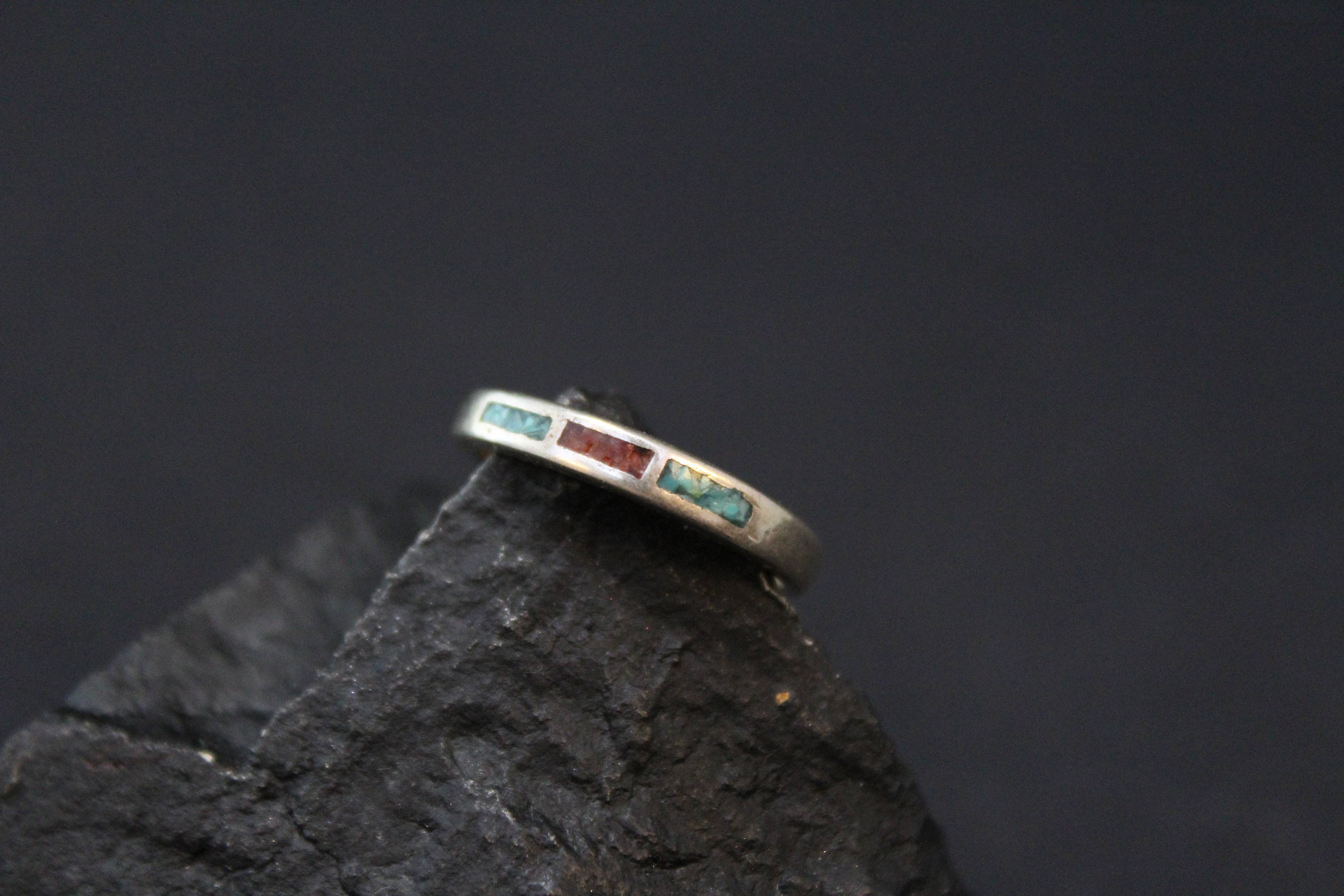 Sterling Silver Native American Turquoise and Coral Inlay Stacker Ring ...