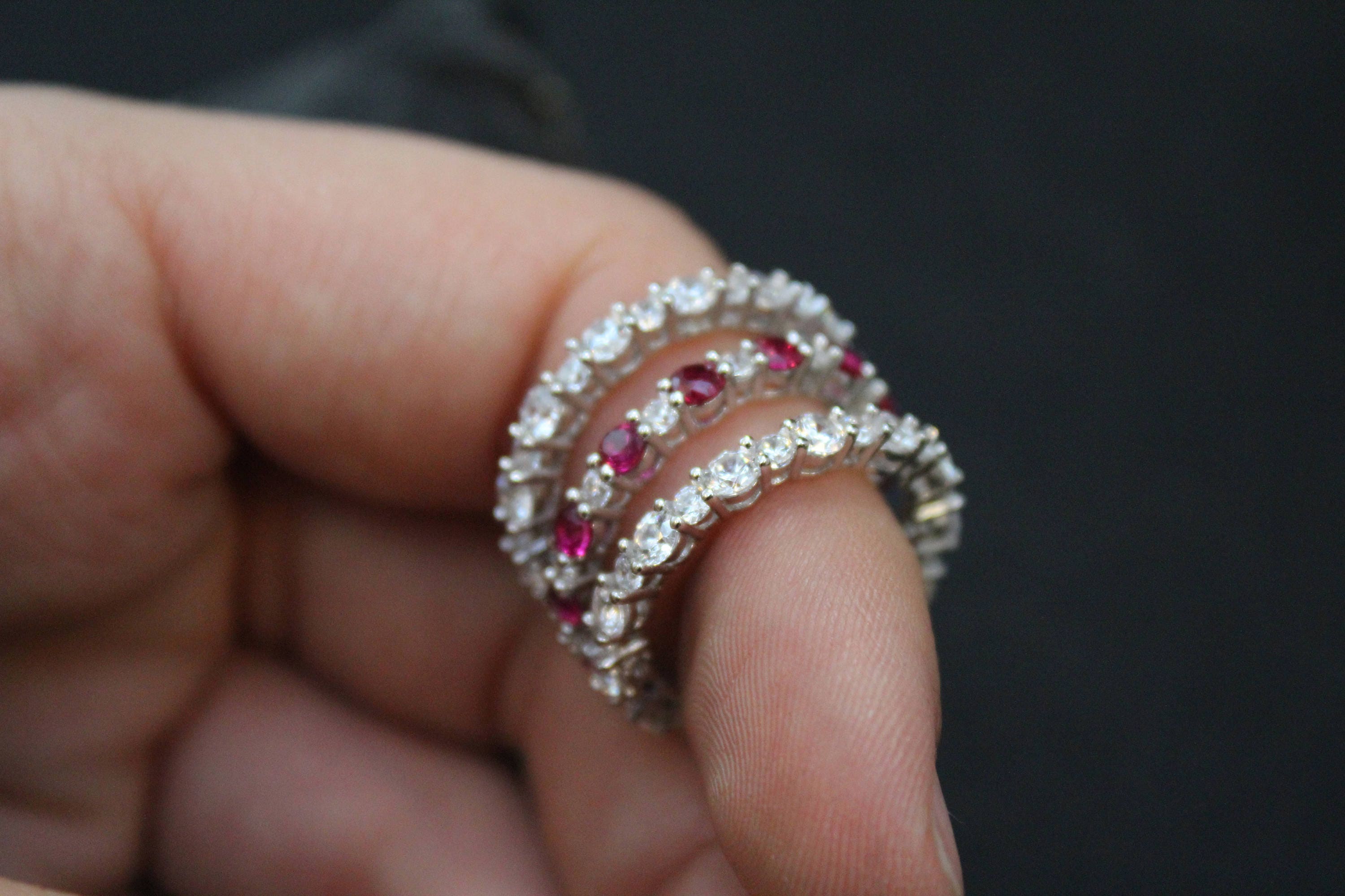 Sterling Silver Cz Stack Ring Set Of Three Red And White Cz Ring Cz