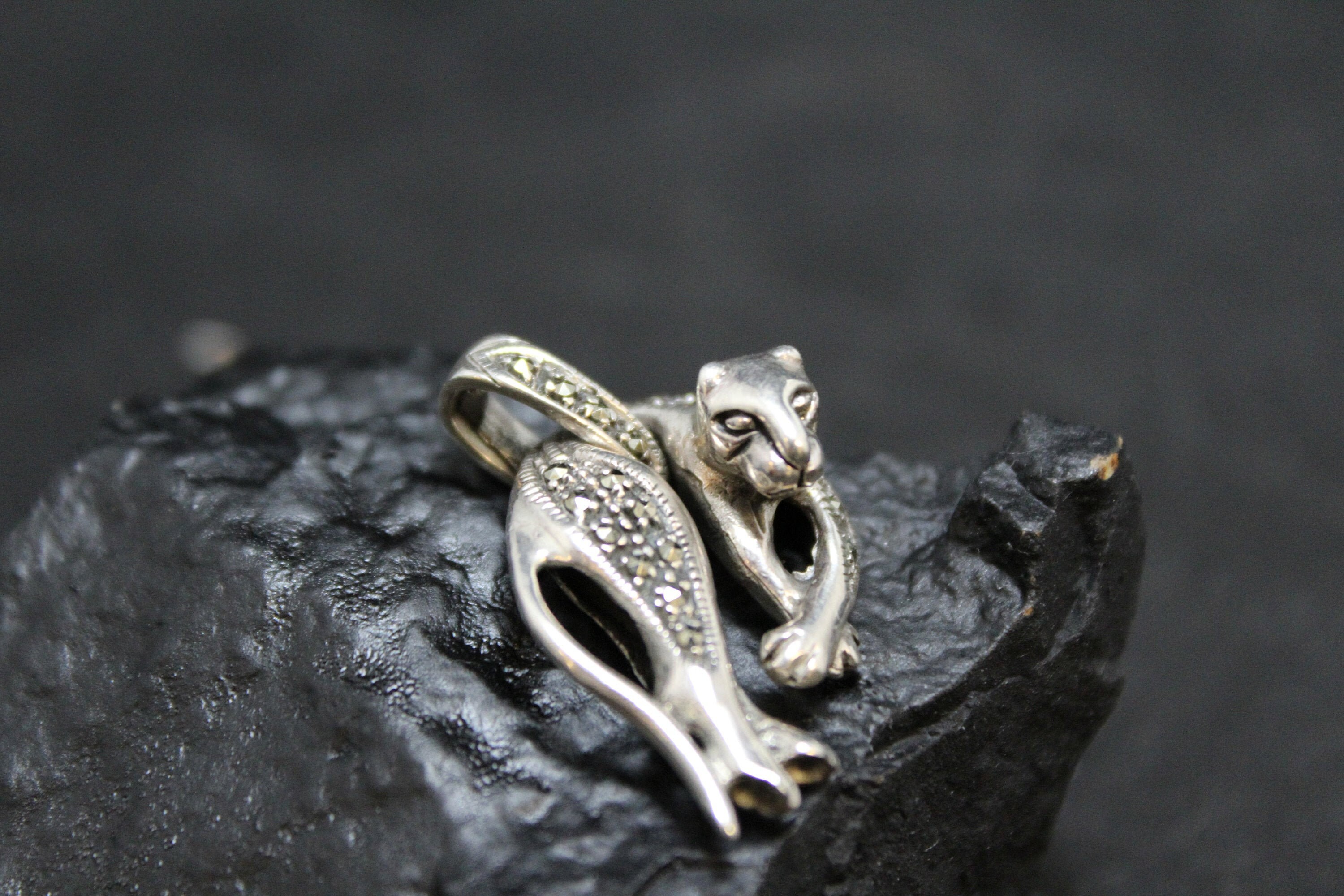 Sterling Silver Marcasite Panther Pendant, Marcasite Puma Pendant ...