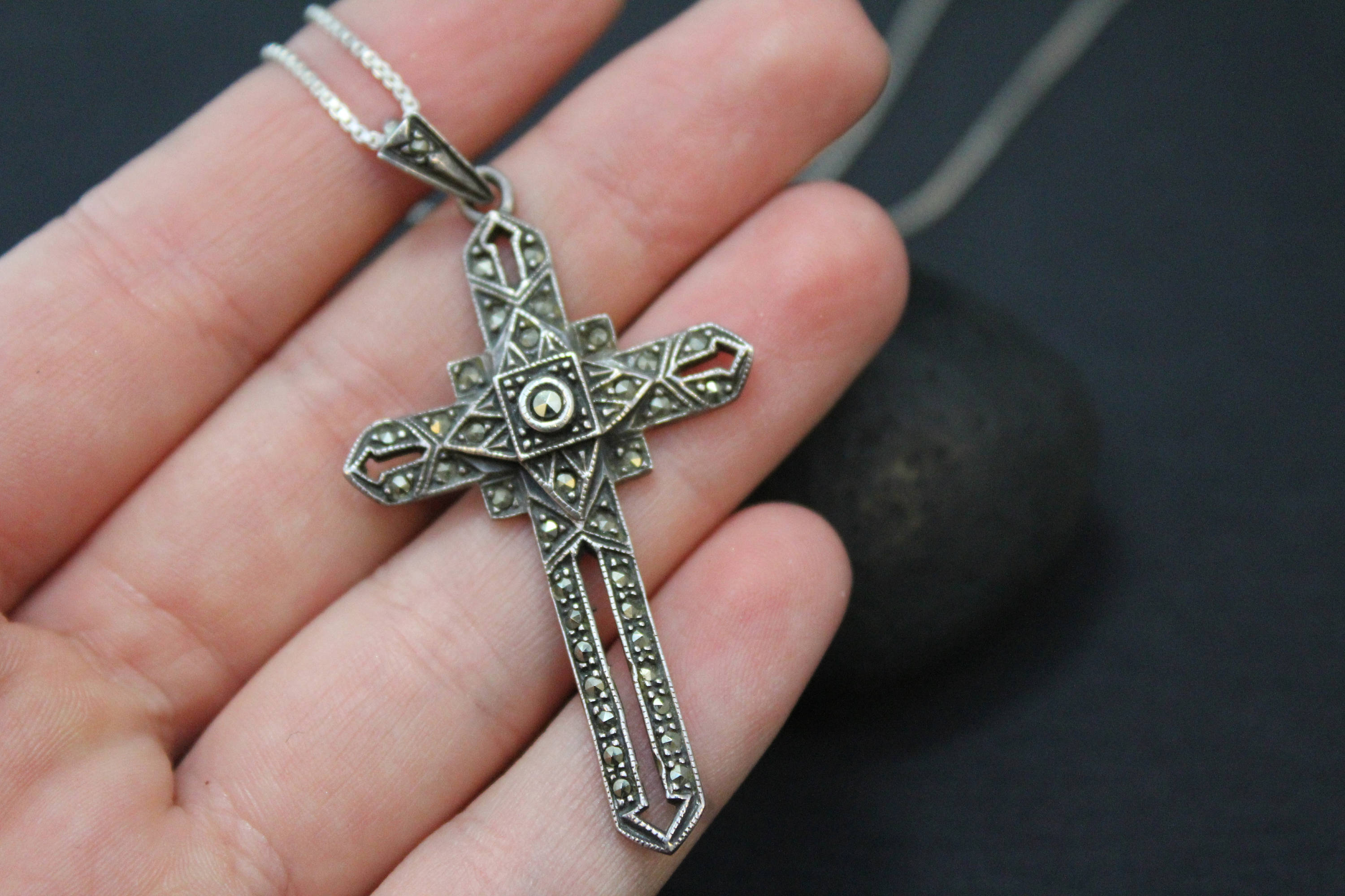 Sterling Silver Long Marcasite Cross Necklace, Marcasite Jewelry ...