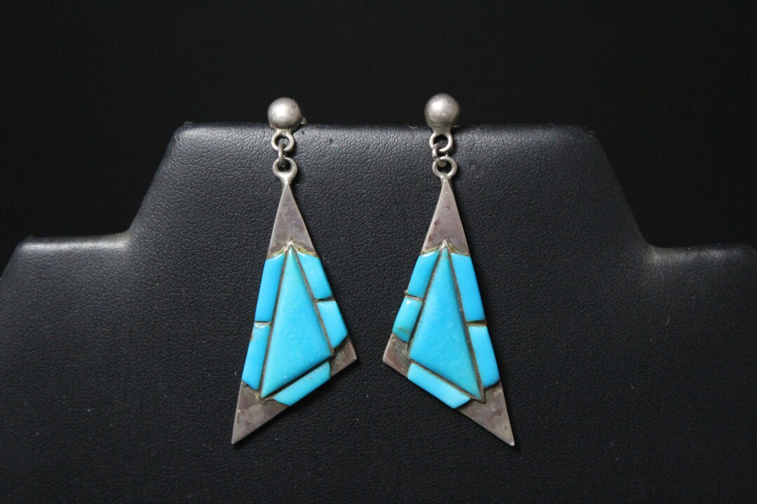 Sterling Silver Turquoise Inlay Earrings, Inlay Earrings, Geometric ...
