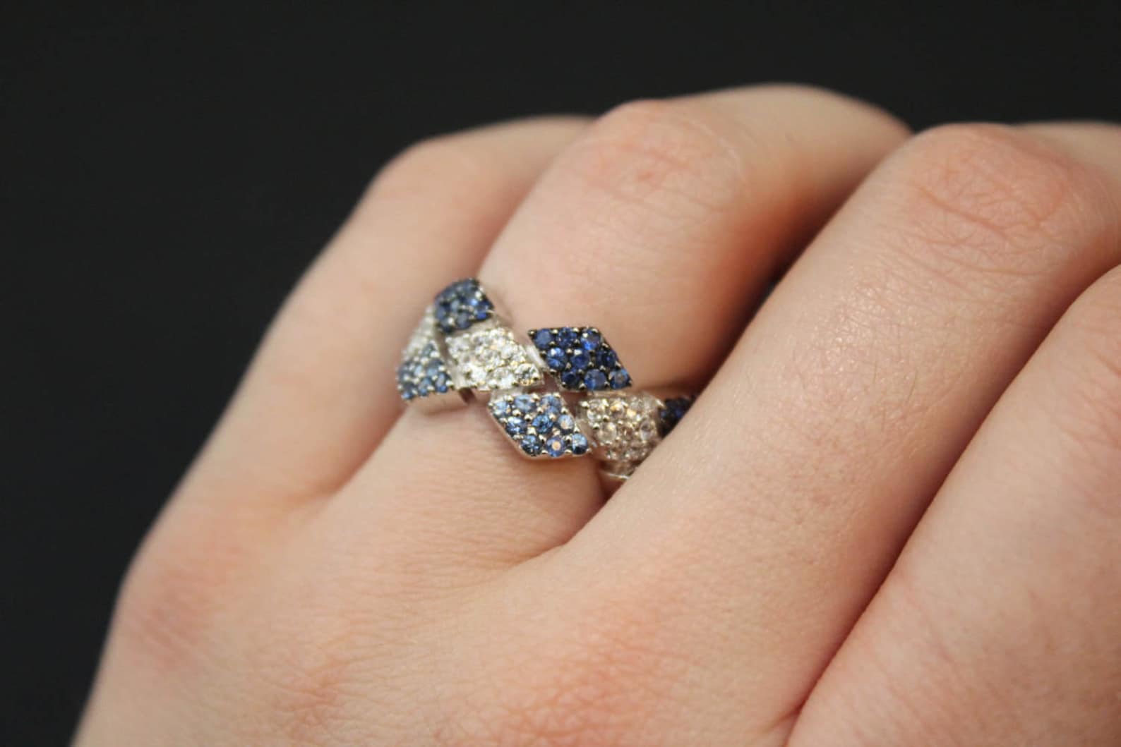 Sterling Blue and White Diamond Pattern Ring Sterling Pave - Etsy