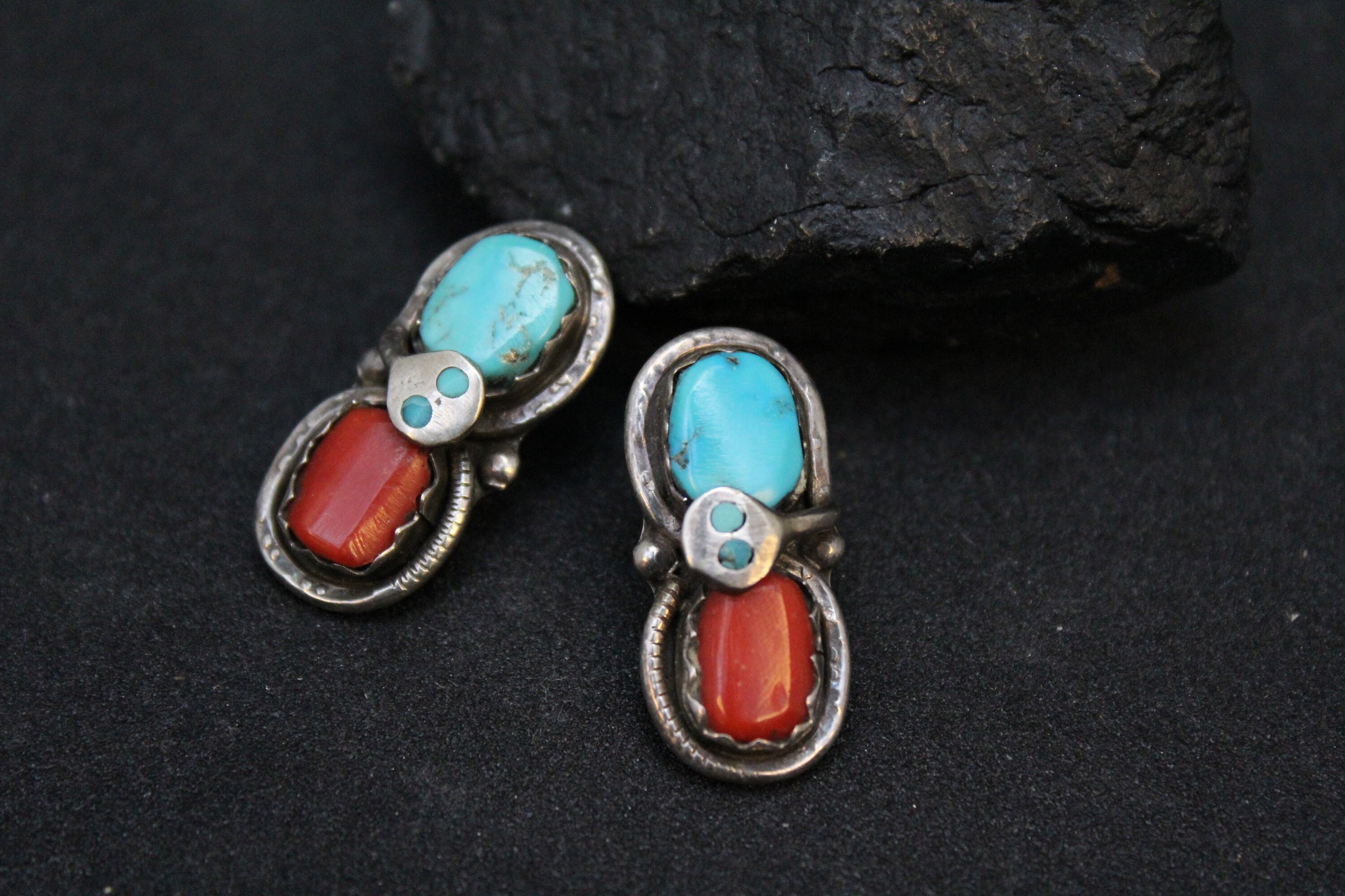 Sterling Signed Zuni Effie C Turquoise and Coral Snake Earrings, Effie ...