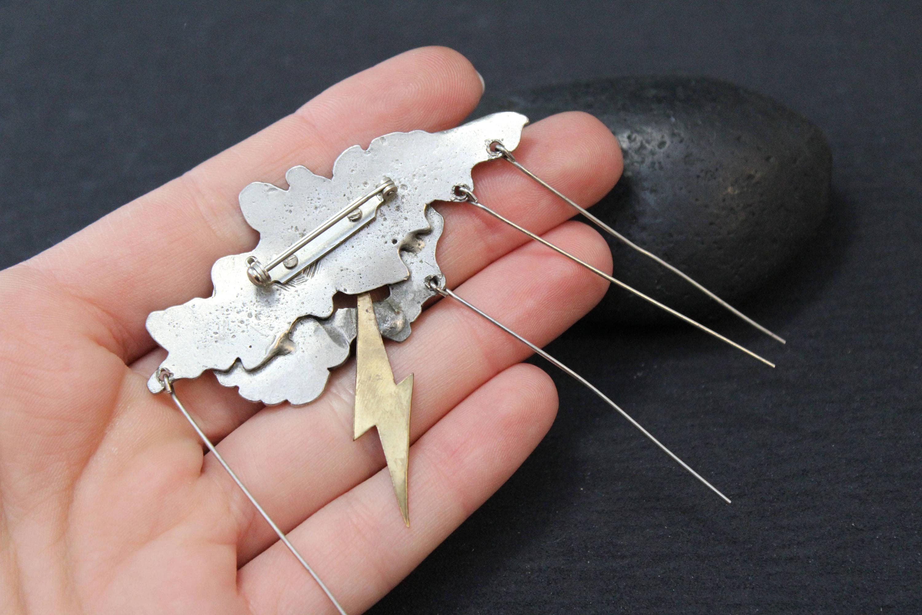Mixed Metal Tin and Brass Storm Cloud Brooch, Lightning Pin, Quirky ...