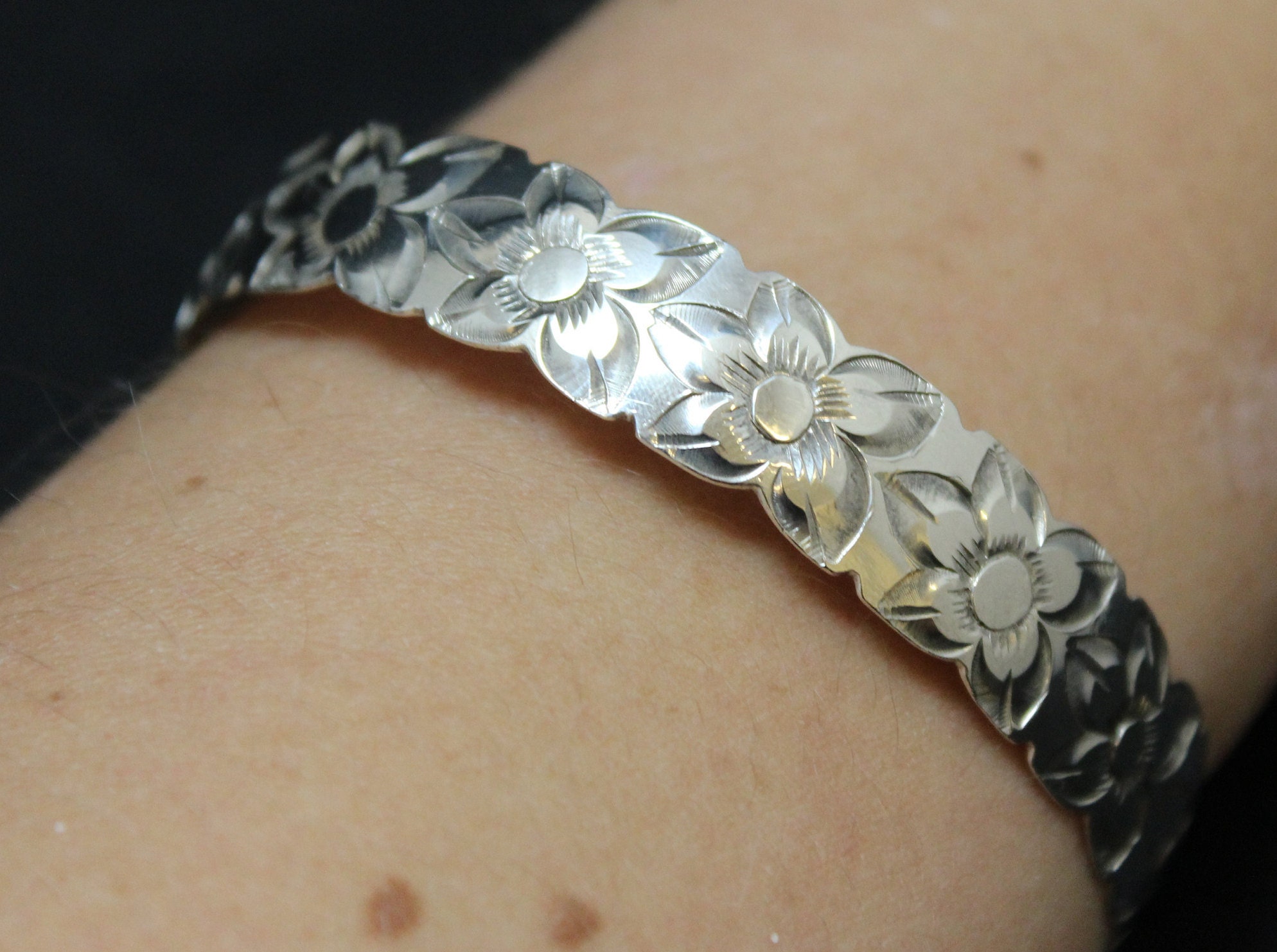 Sterling Silver Flower Bangle, Tropical Silver Bangle, Floral Silver Bangle, Sterling Silver ...